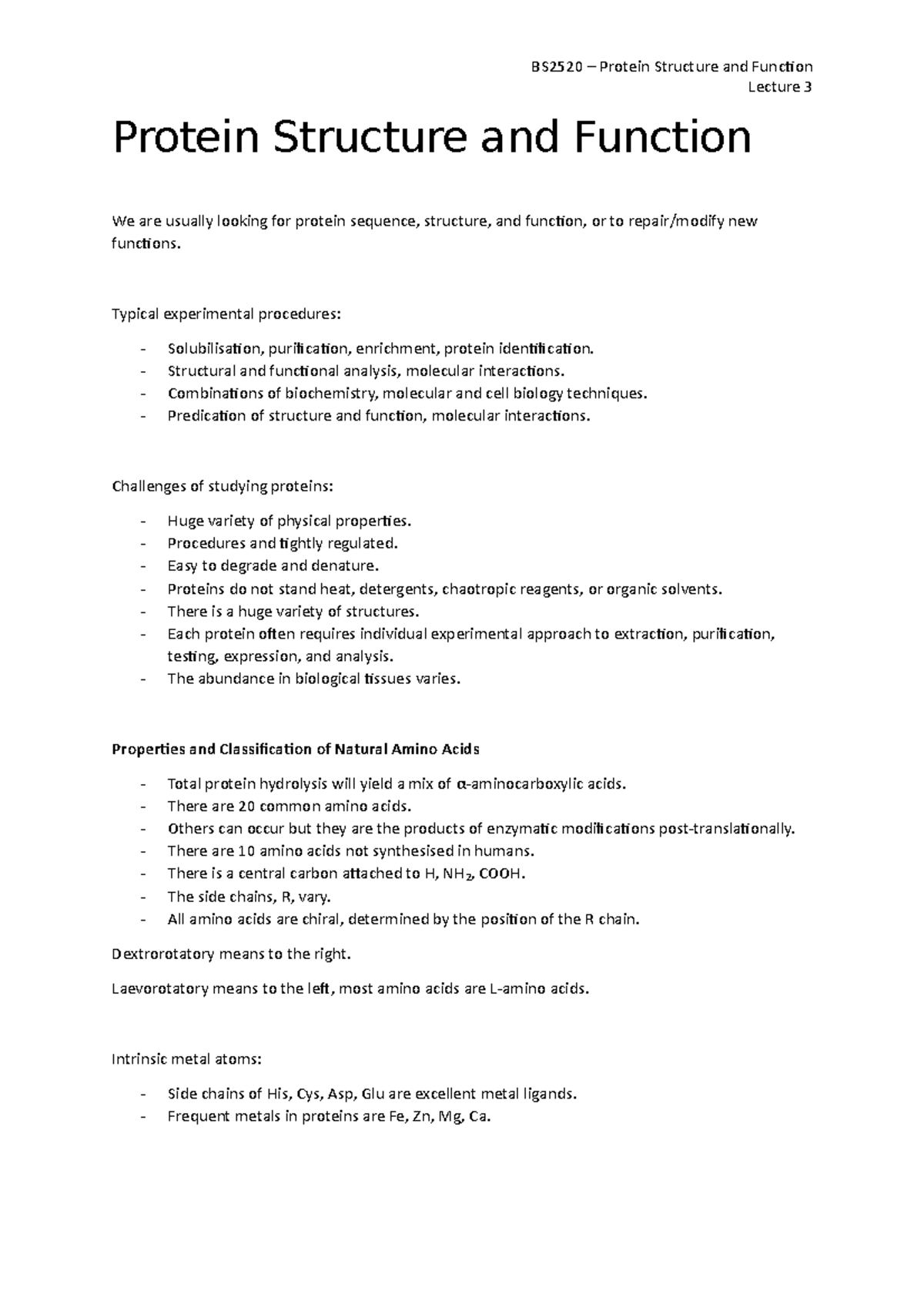 3 - Protein Structure and Function - BS2520 – Protein Structure and ...