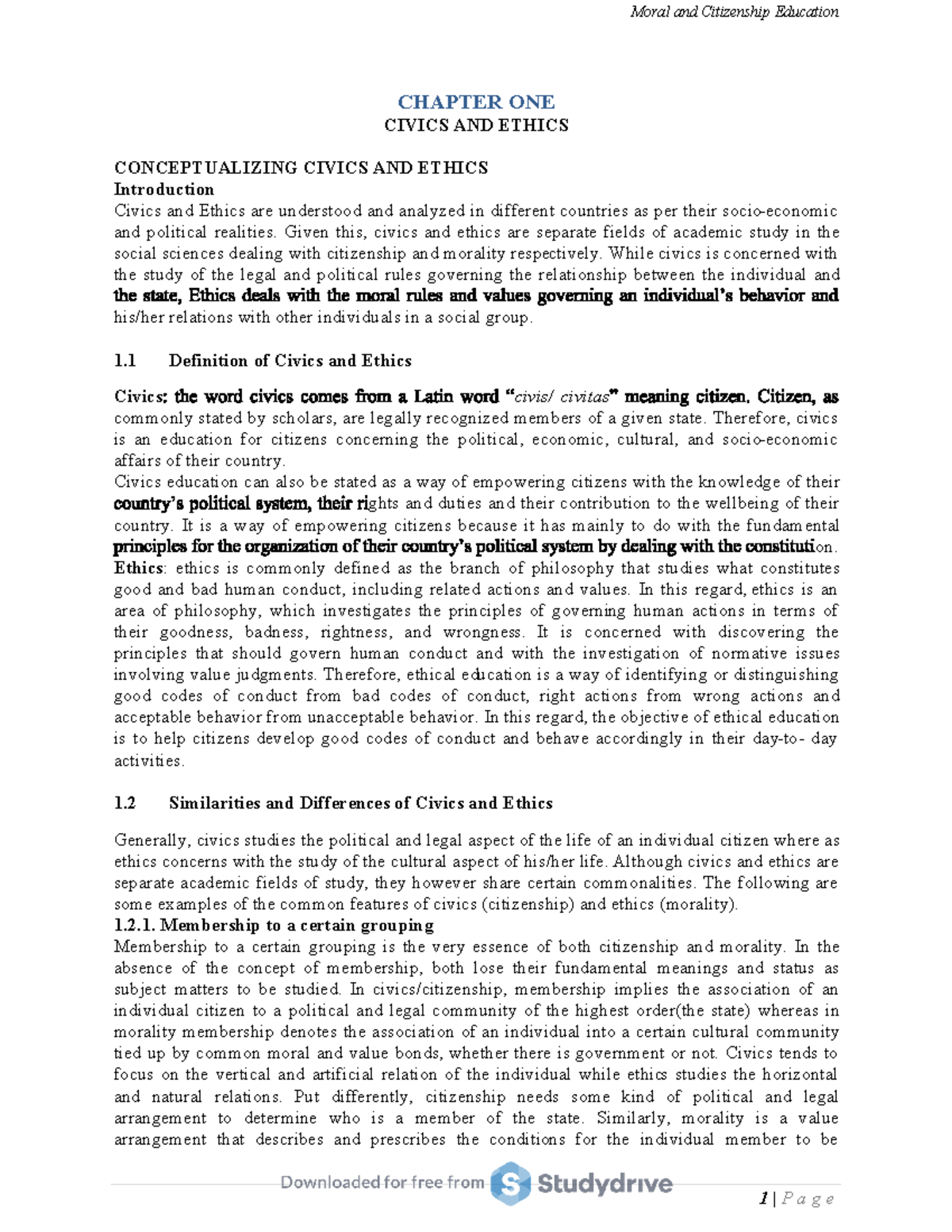 Ethics - morality and civics - Copy - CHAPTER ONE CIVICS AND ETHICS CONCEPTUALIZING CIVICS AND ...