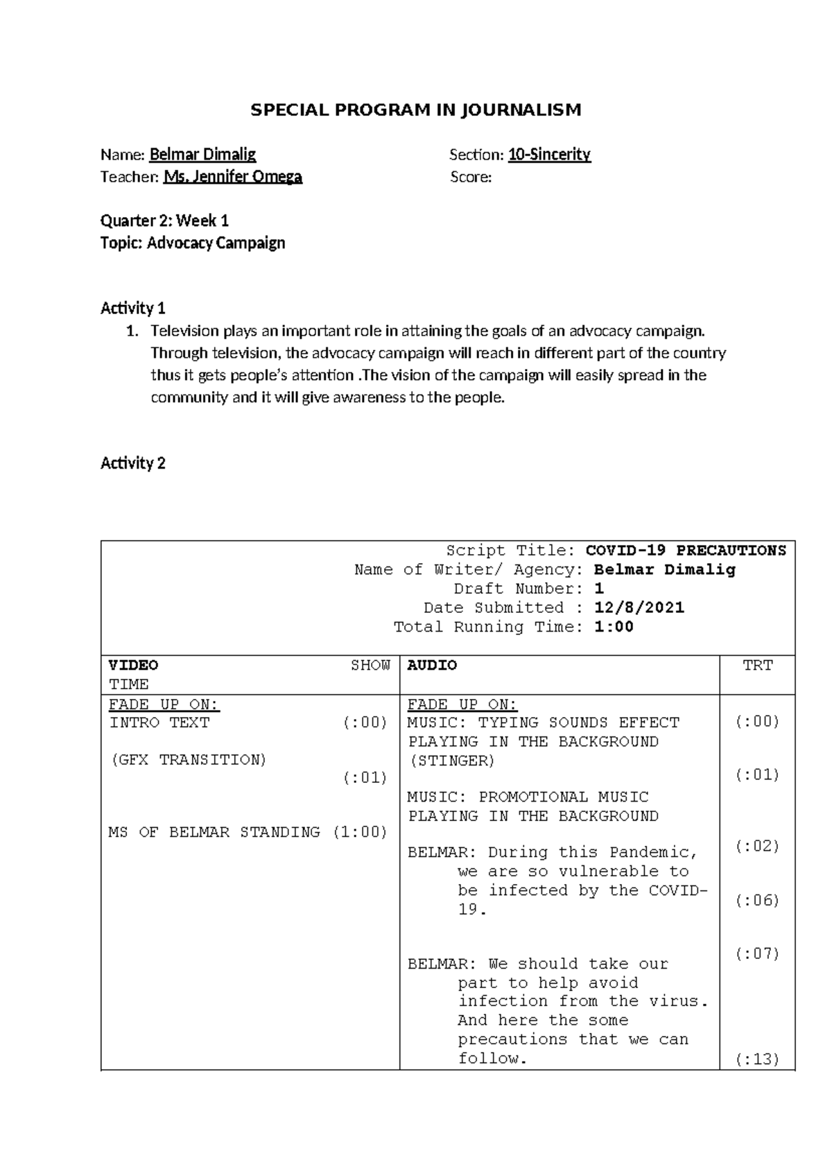 Advocacy Campaign Script - SPECIAL PROGRAM IN JOURNALISM Name: Belmar ...