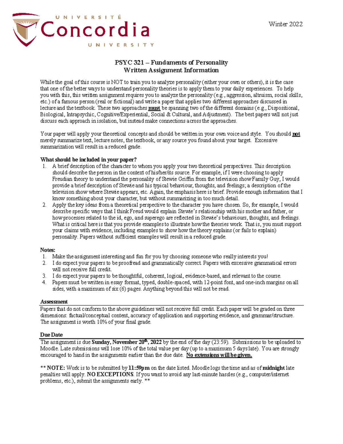 PSYC 321 Assignment Information - Winter 2022 PSYC 321 – Fundaments of Personality Written - Studocu