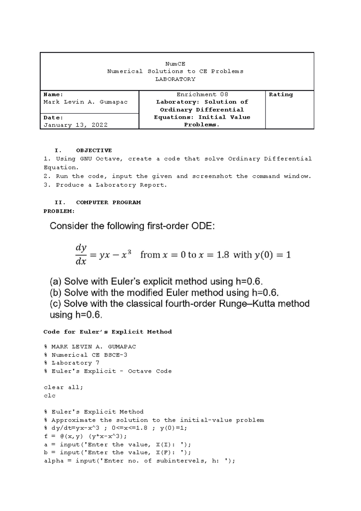 Numce - NumCE Numerical Solutions to CE Problems LABORATORY Name: Mark ...