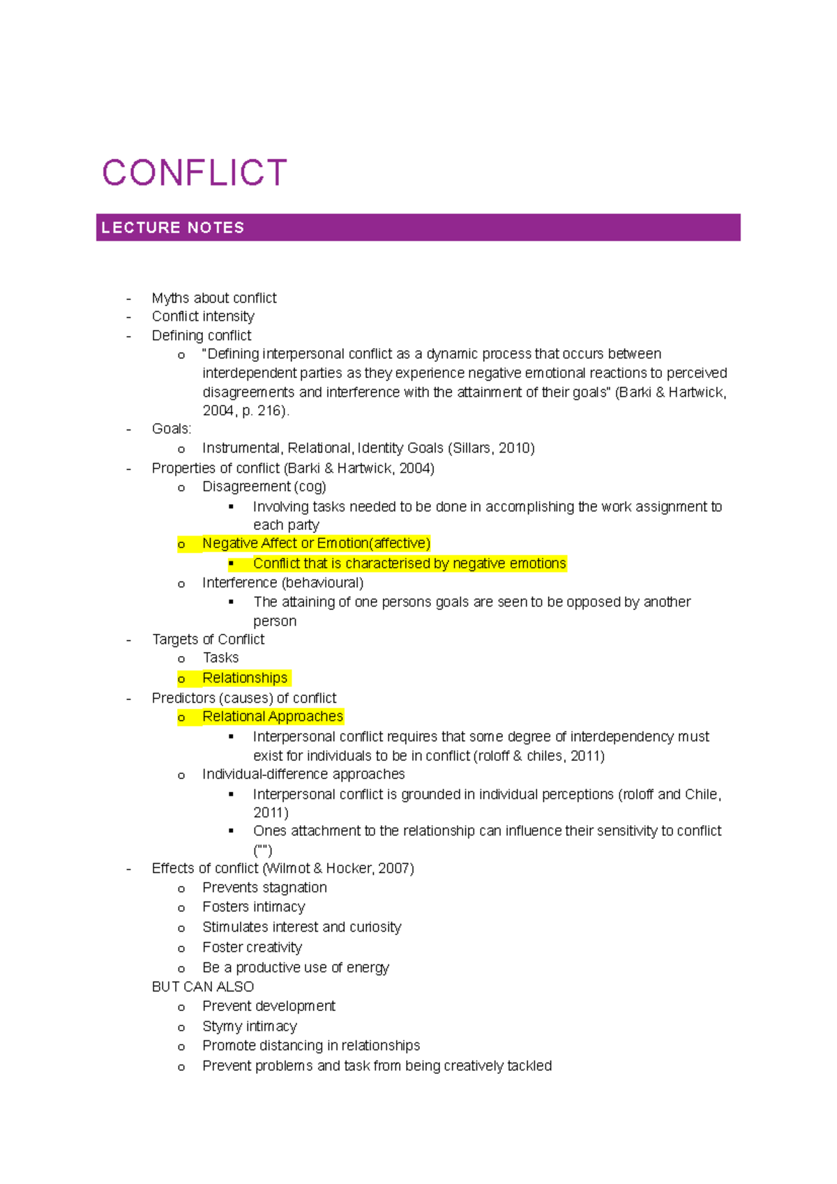 Interpersonal Conflict Lecture Notes - CONFLICT LECTURE NOTES Myths ...