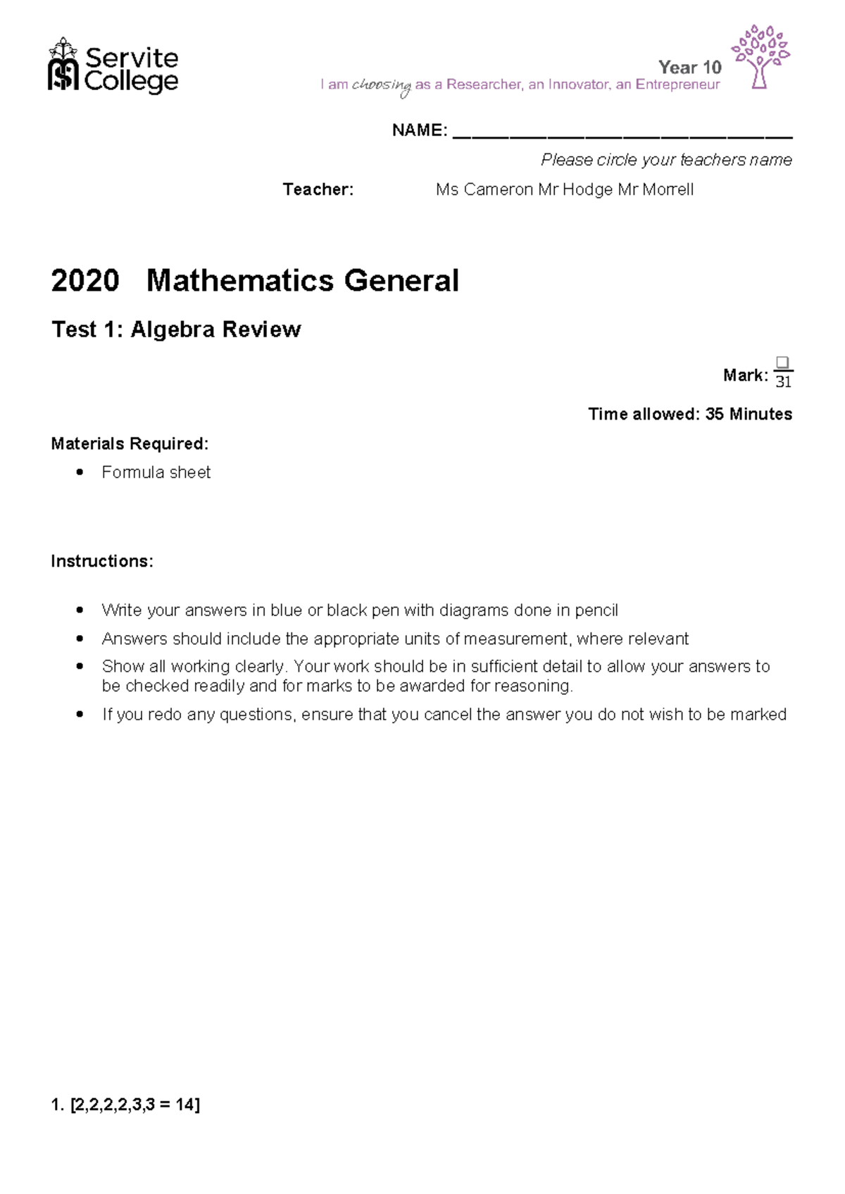 2020 10MATG Test 1 Algebra review - NAME ...