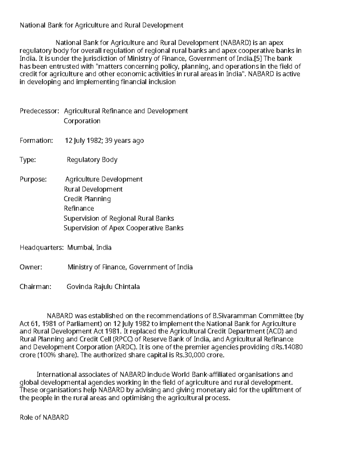 Nabard - National Bank for Agriculture and Rural Development Role of ...