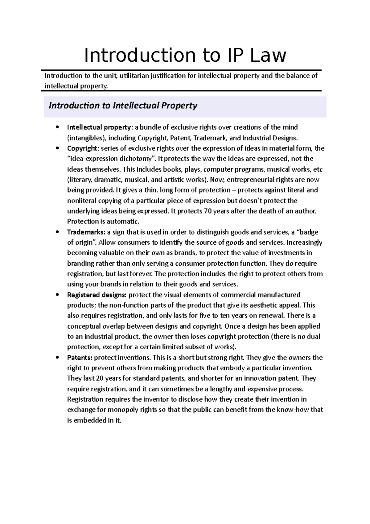 Introduction to IP Law - Studocu