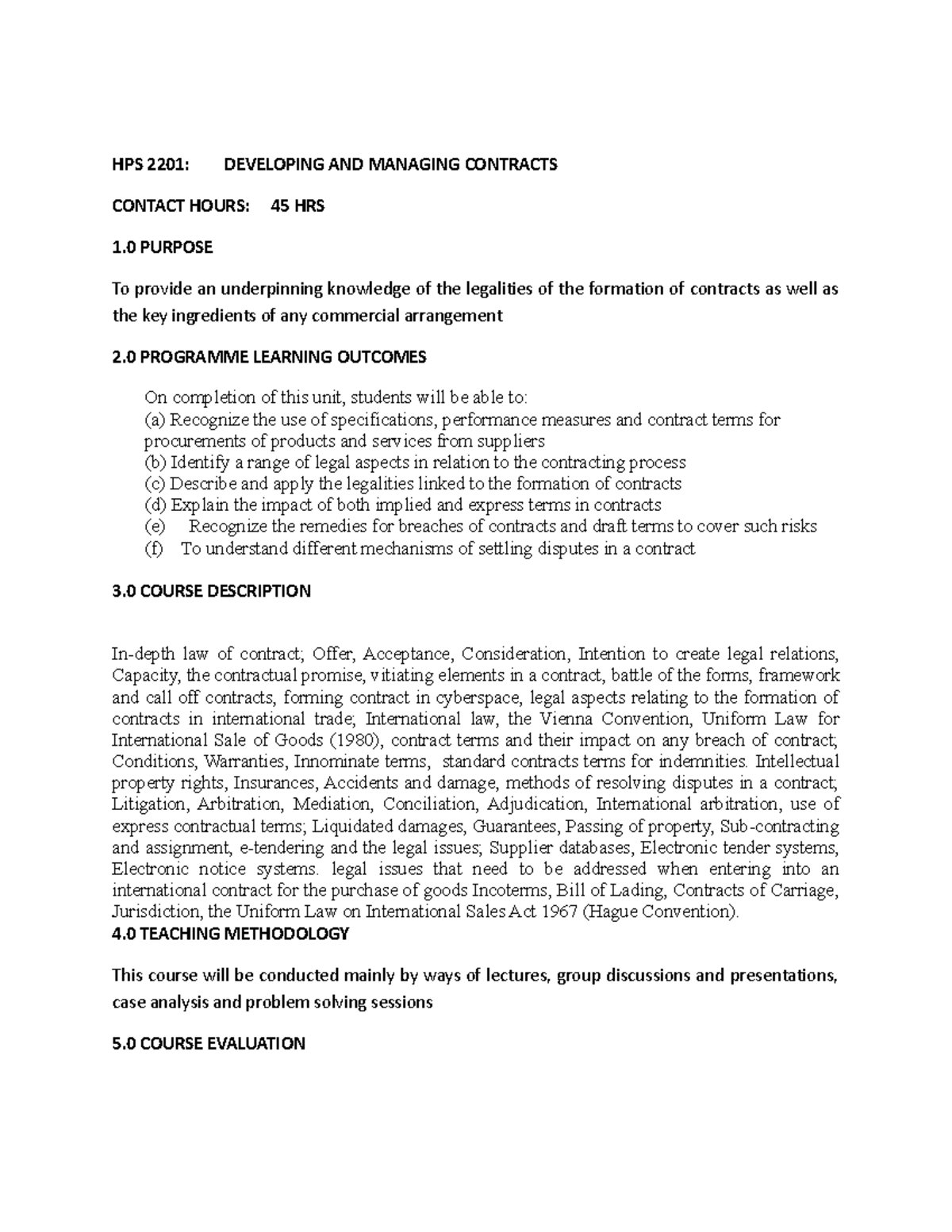 Course Outline Developing AND Managing Contracts - HPS 2201: DEVELOPING ...