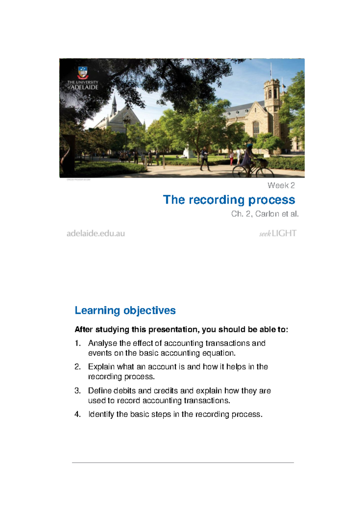 Wk 2 The Recording - slides - The recording process Week 2 Ch. 2, Carlon et al. Learning ...