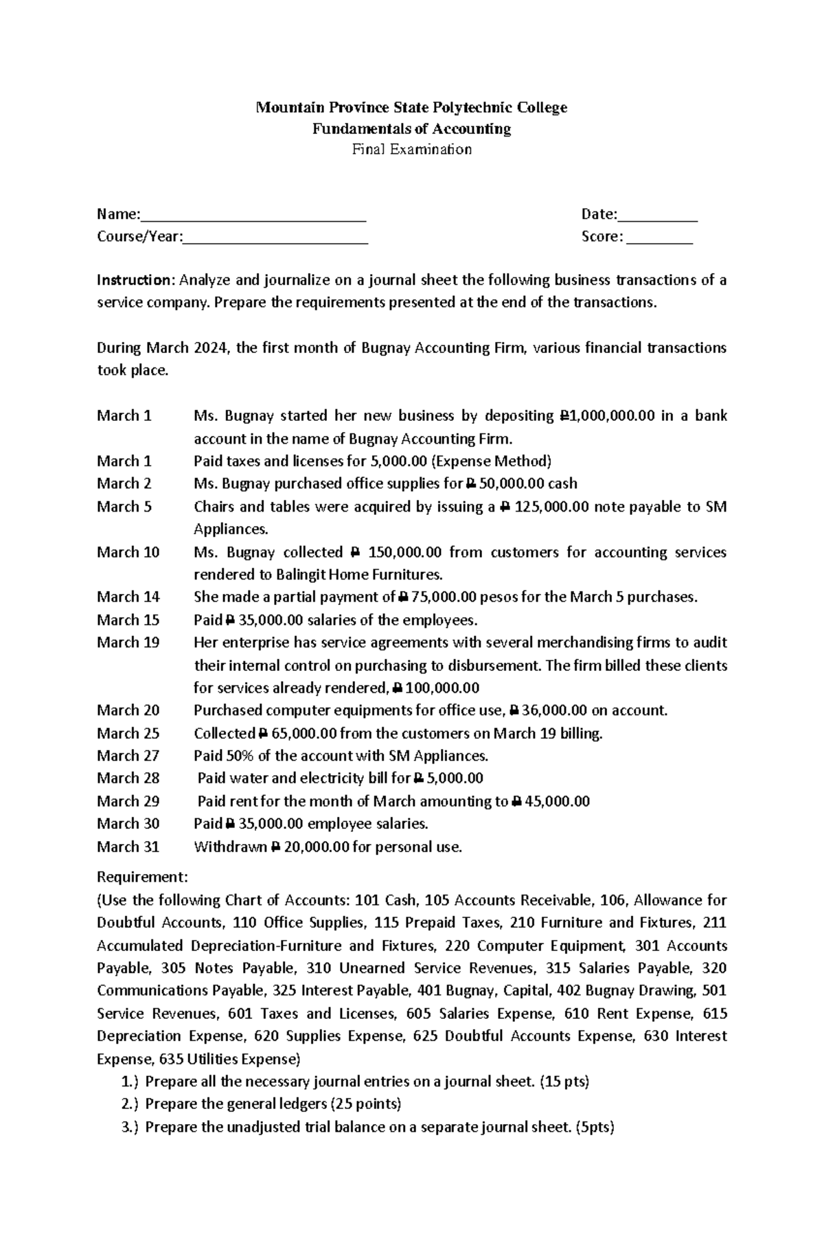 Final Exam Fundamentals of Accounting - Mountain Province State ...
