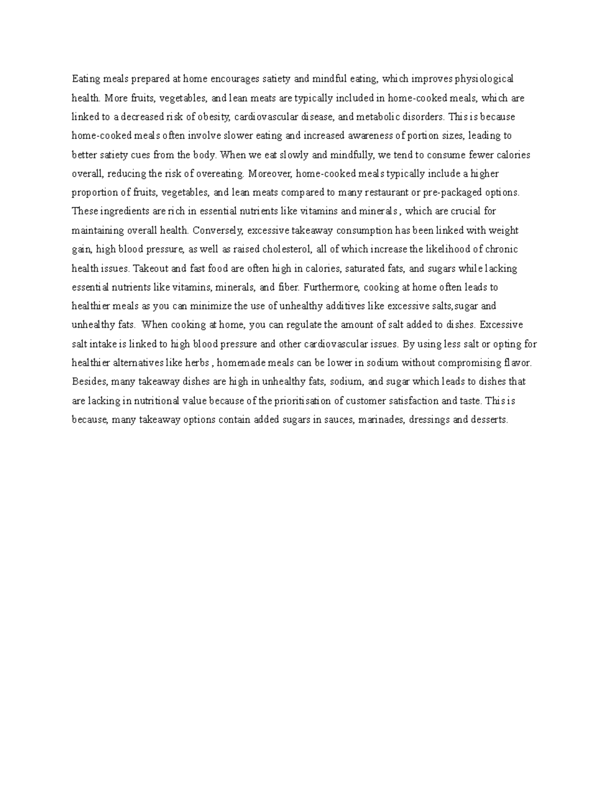 English essay - Eating meals prepared at home encourages satiety and ...