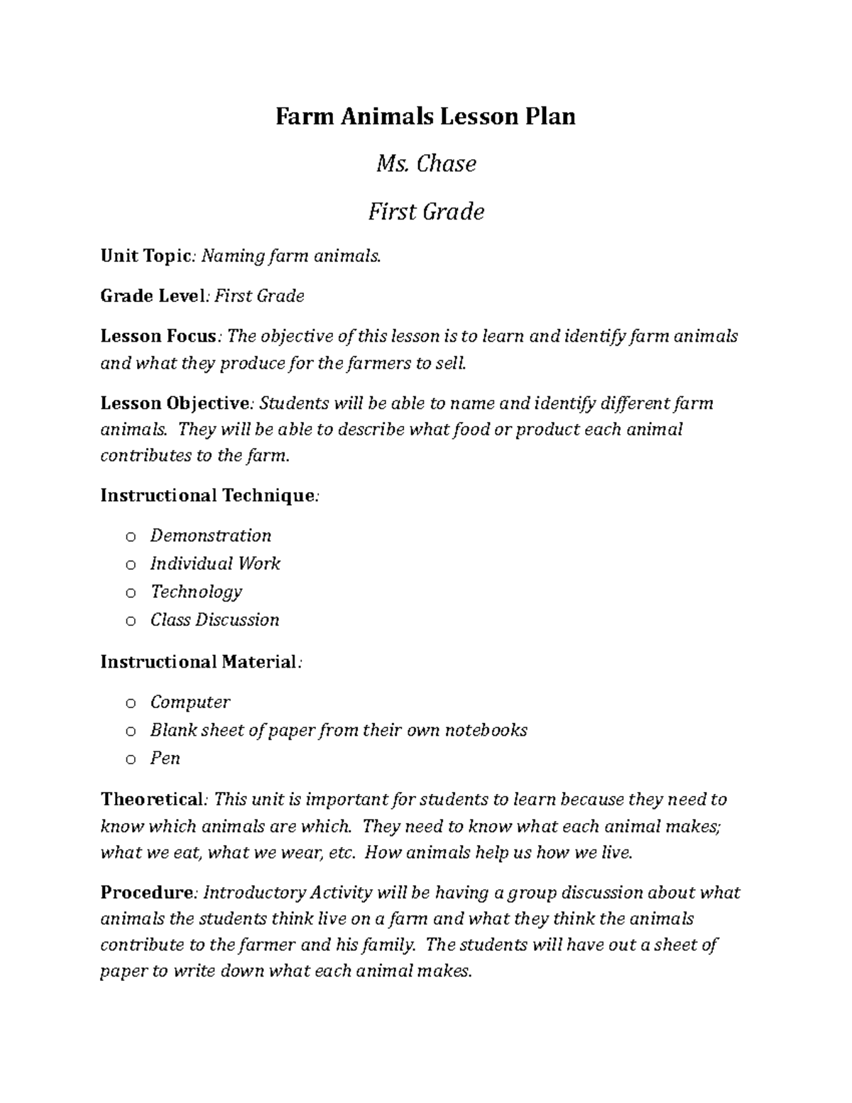 Farm Animals Lesson Plan - Chase First Grade Unit Topic: Naming farm ...