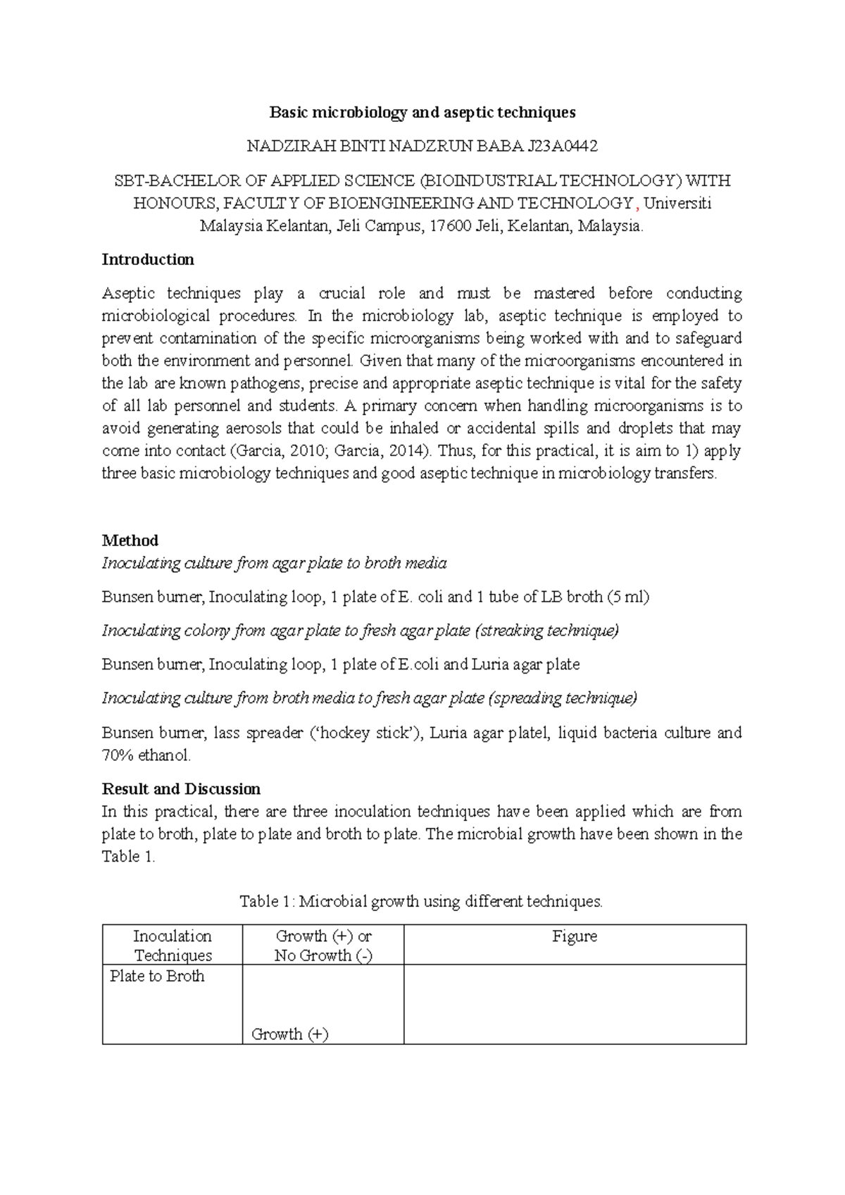 Lab report 1 aseptic technique 1 - Basic microbiology and aseptic ...