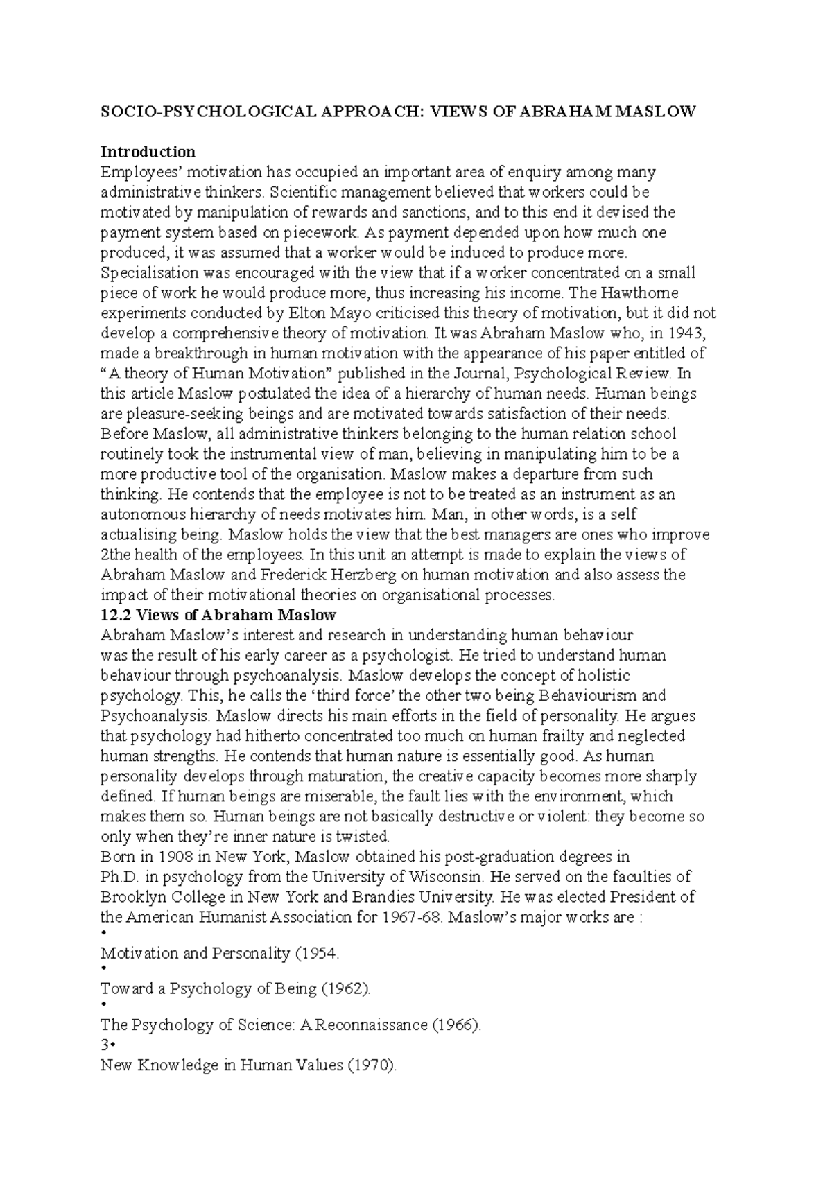 Socio- Psychological Approach Views OF Abraham Maslow - SOCIO ...