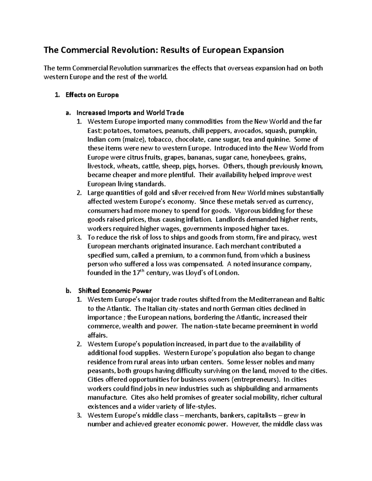 The Commercial Revolution - Effects on Europe a. Increased Imports and ...