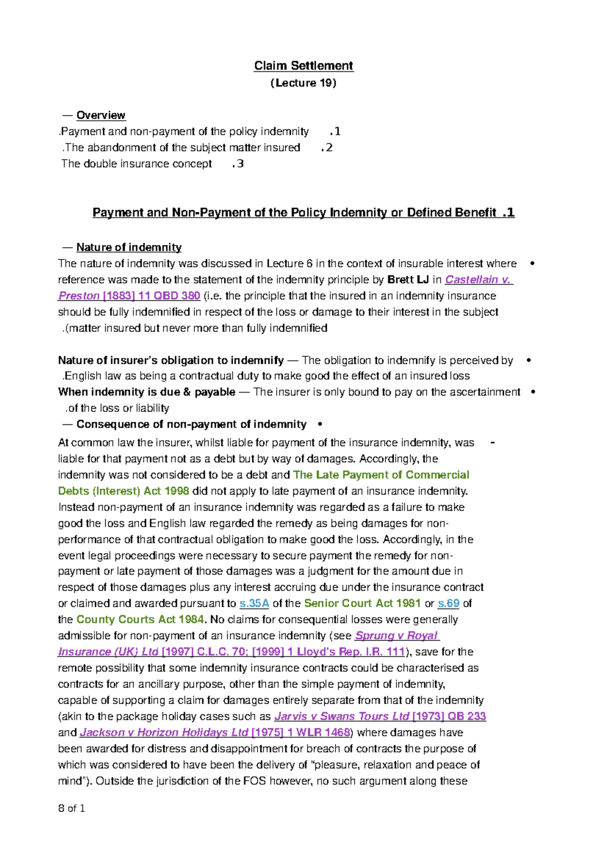 L19. Claim Settlement - Lecture notes 19 - Claim Settlement (Lecture 19 ...