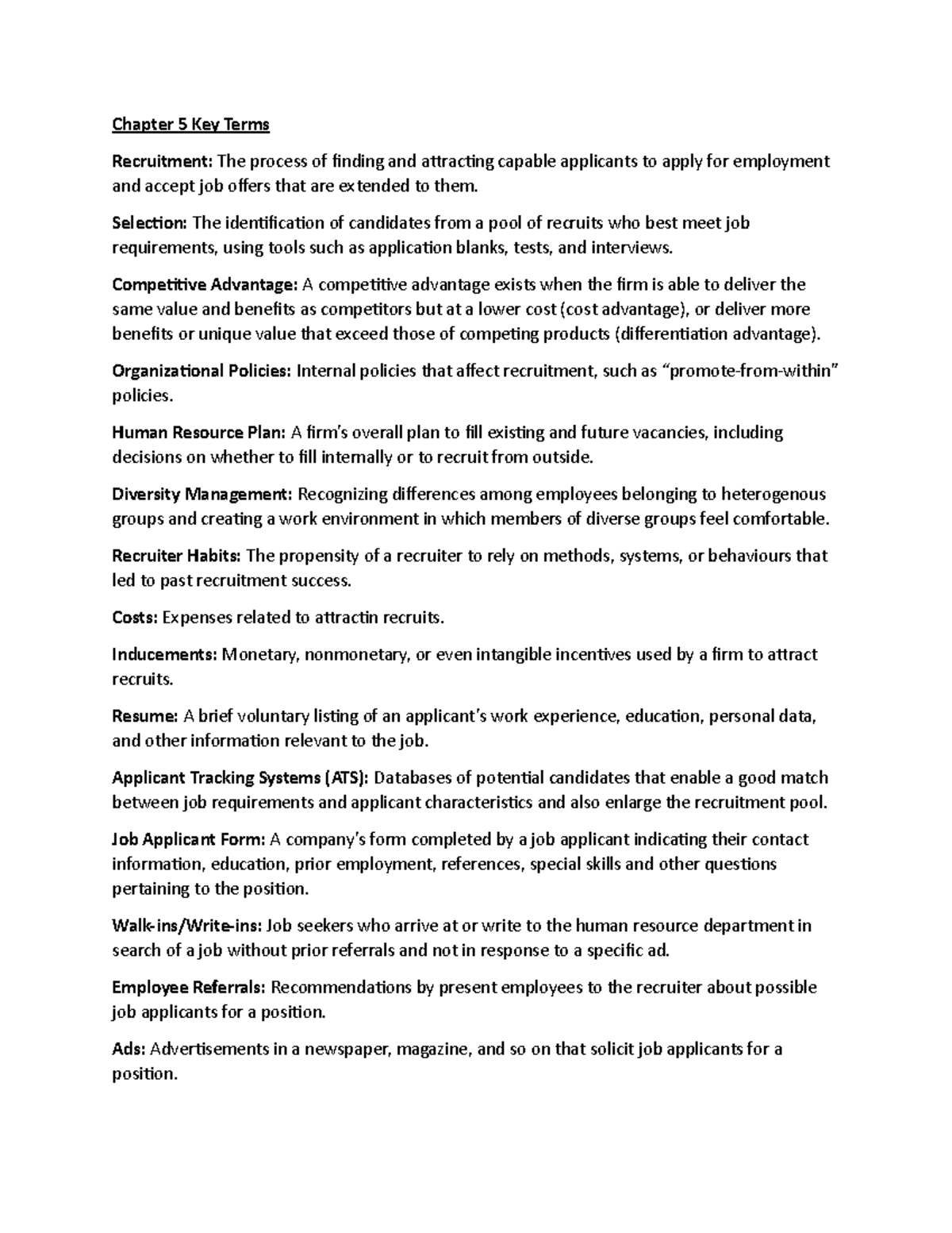 Chapter 5 Key Terms - Summary Fundamentals of Human Resource Management ...