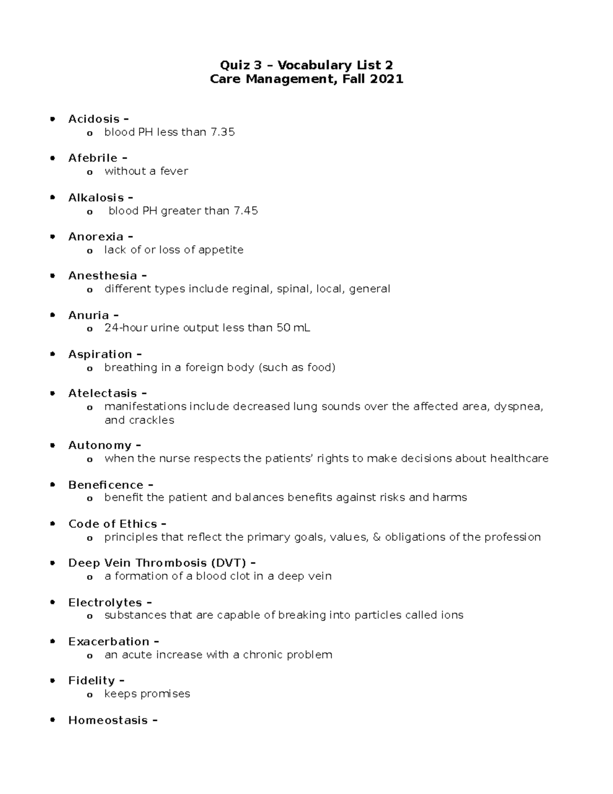 Vocabulary List 2 - Quiz 3 - Quiz 3 – Vocabulary List 2 Care Management ...