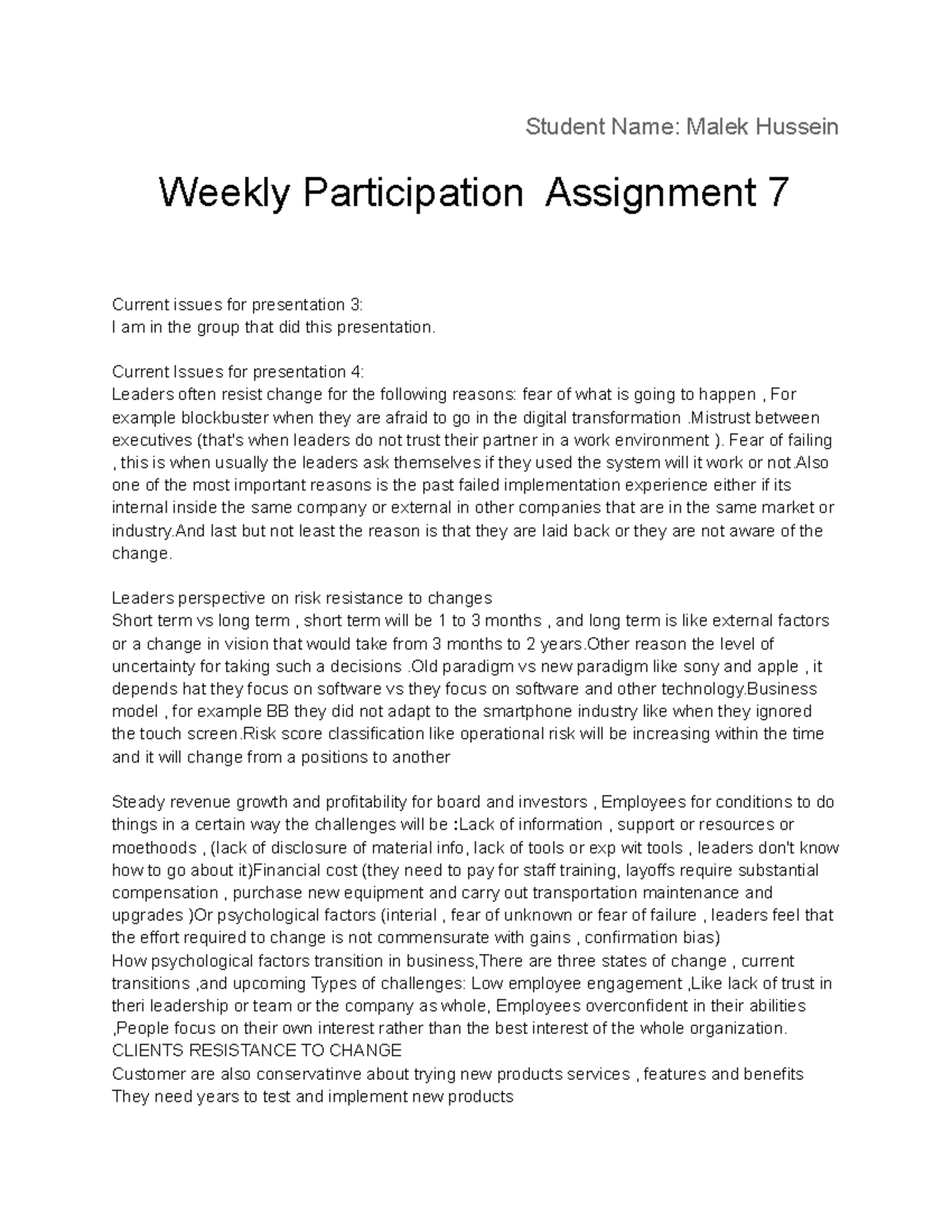 Malek Weekly Participation Assignment 7 - Student Name: Malek Hussein ...
