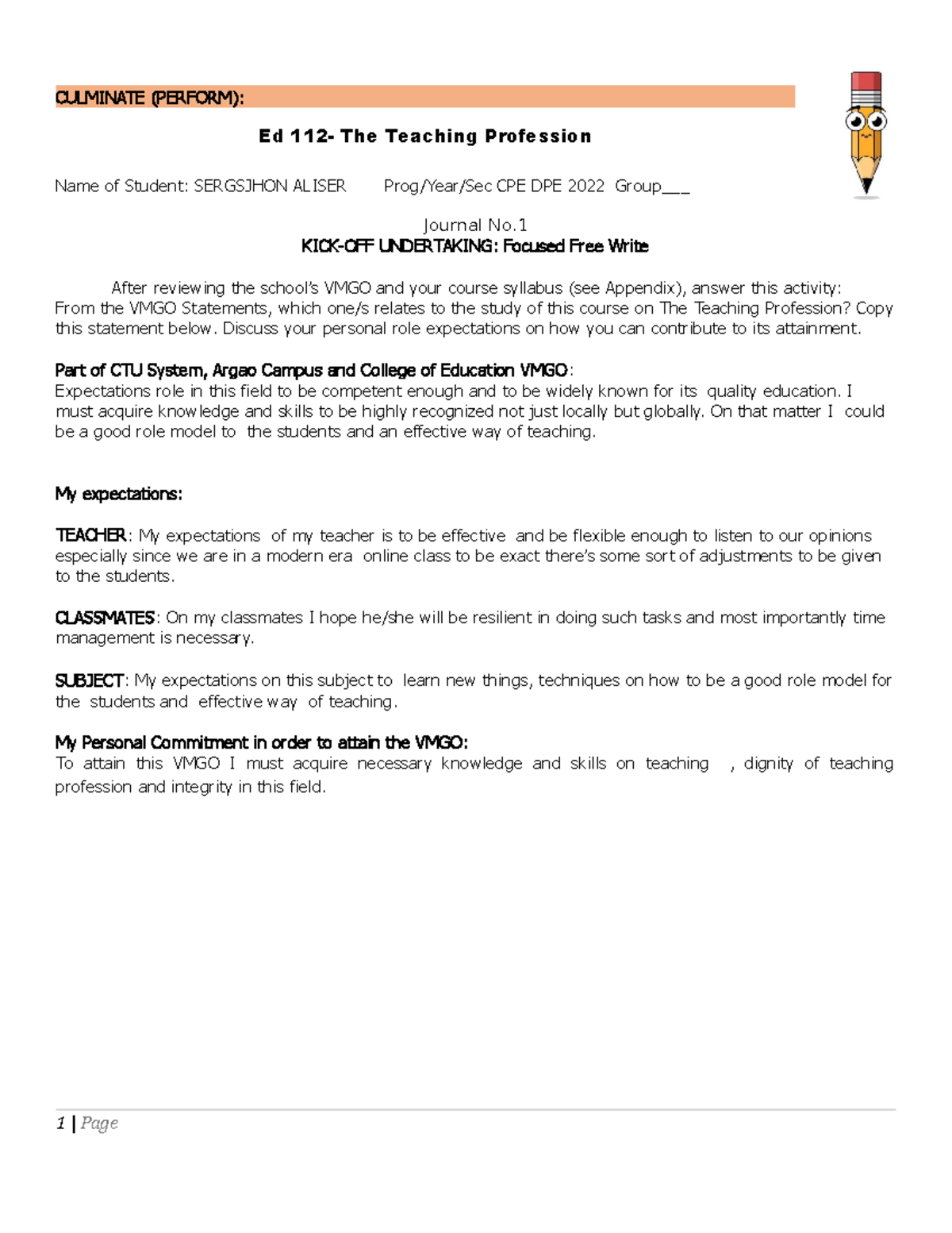 Ed 112- Journal NO 1 - sss - CULMINATE (PERFORM): Ed 112- The Teaching ...