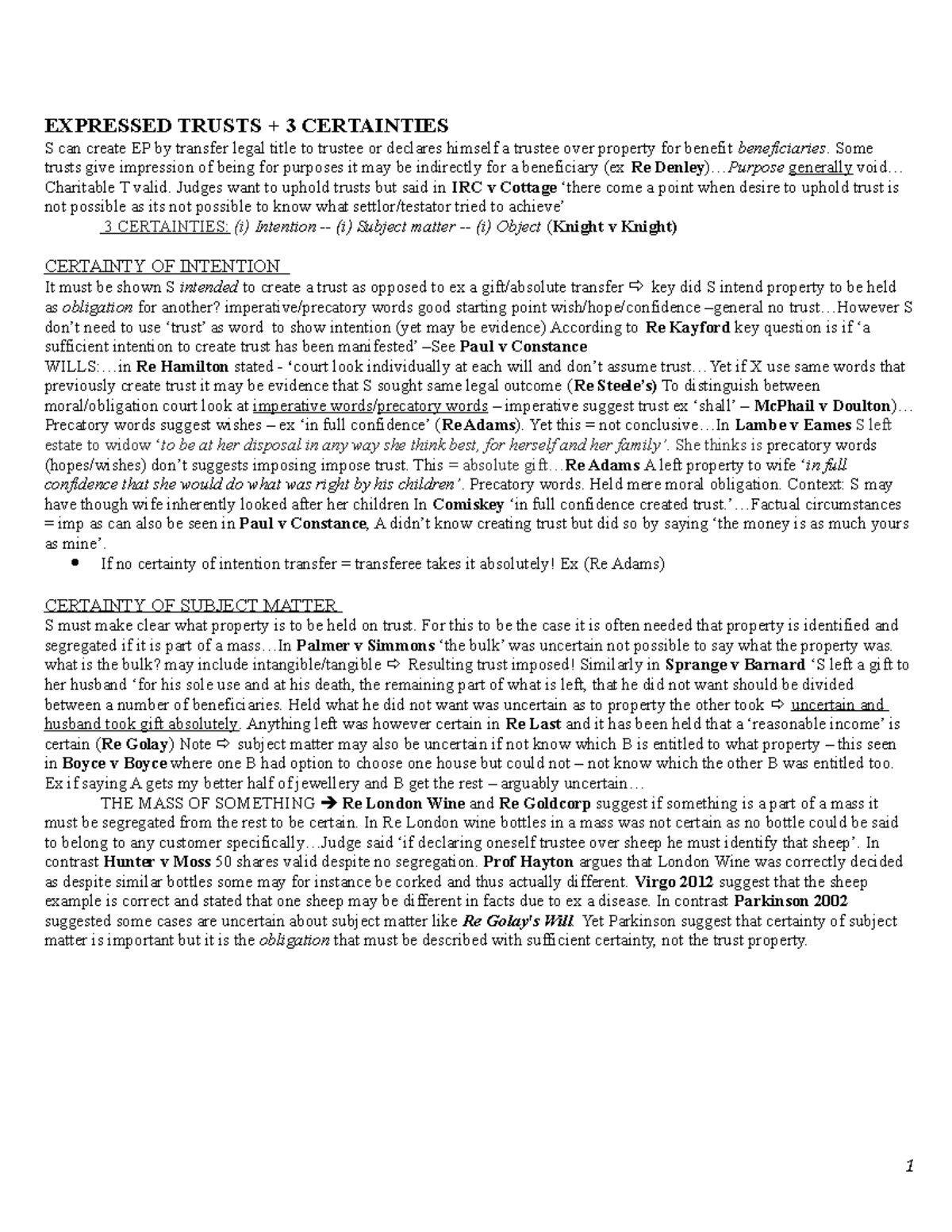 Express Trusts - Certainty of Intention, Subject Matter and Object - EXPRESSED TRUSTS + 3 - Studocu