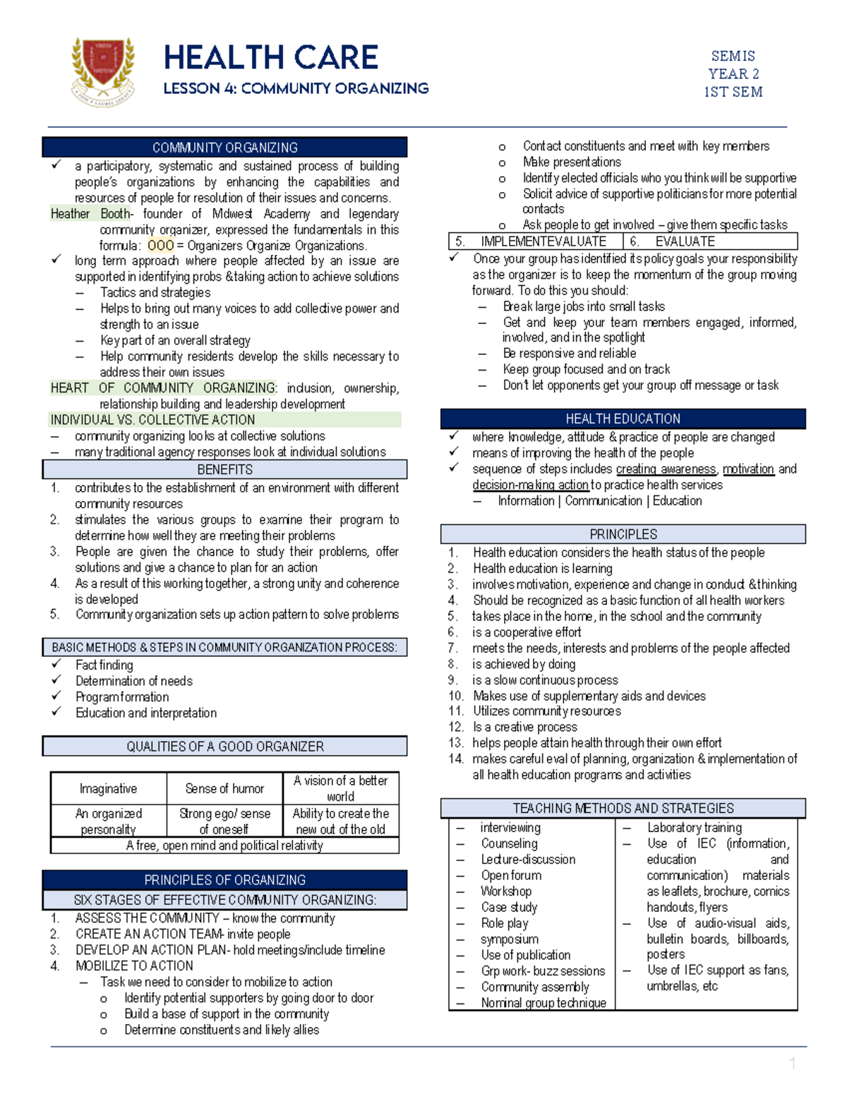 COMMUNITY ORGANIZATION - 1 HEALTH CARE LESSON 4 : COMMUNITY ORGANIZING ...