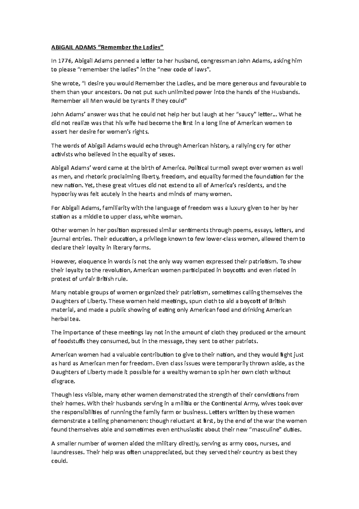 Abigail Adams - Remember the ladies - ABIGAIL ADAMS “Remember the ...