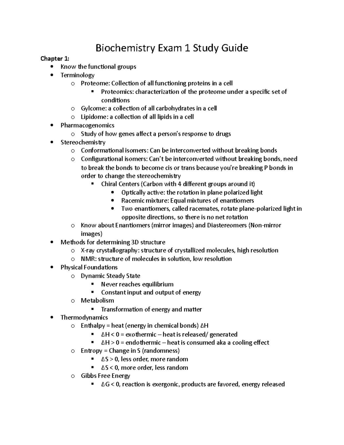Exam 1 Study Guide vrs2 - Biochemistry Exam 1 Study Guide Chapter 1 ...