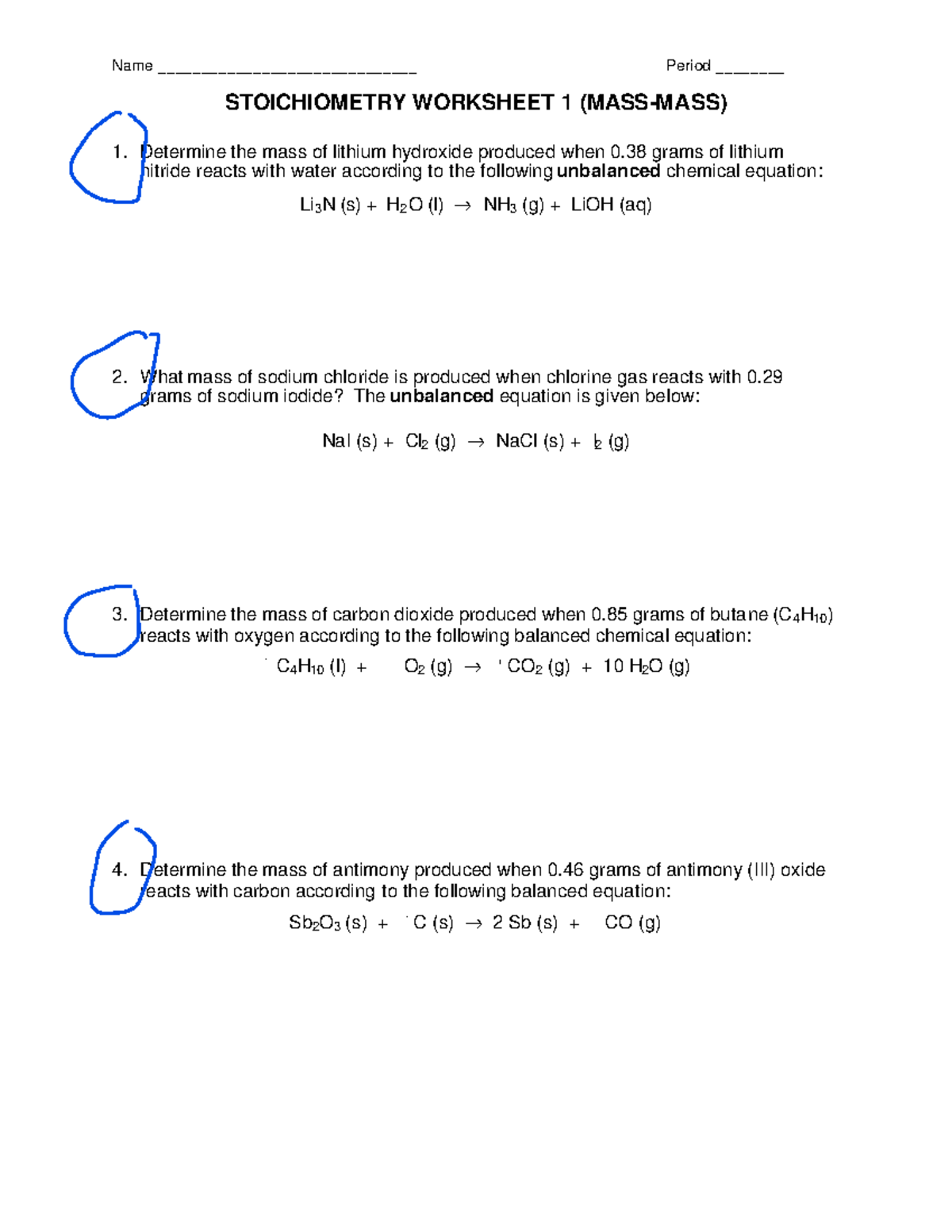 Stoichiometry Mass to Mass Worksheet - Name ...