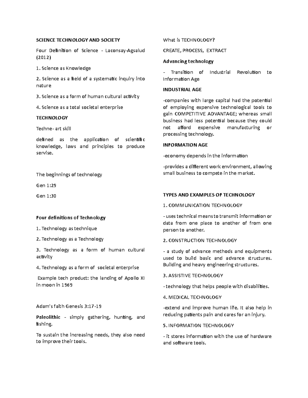 STS P1 - n/a - SCIENCE TECHNOLOGY AND SOCIETY Four Definition of ...
