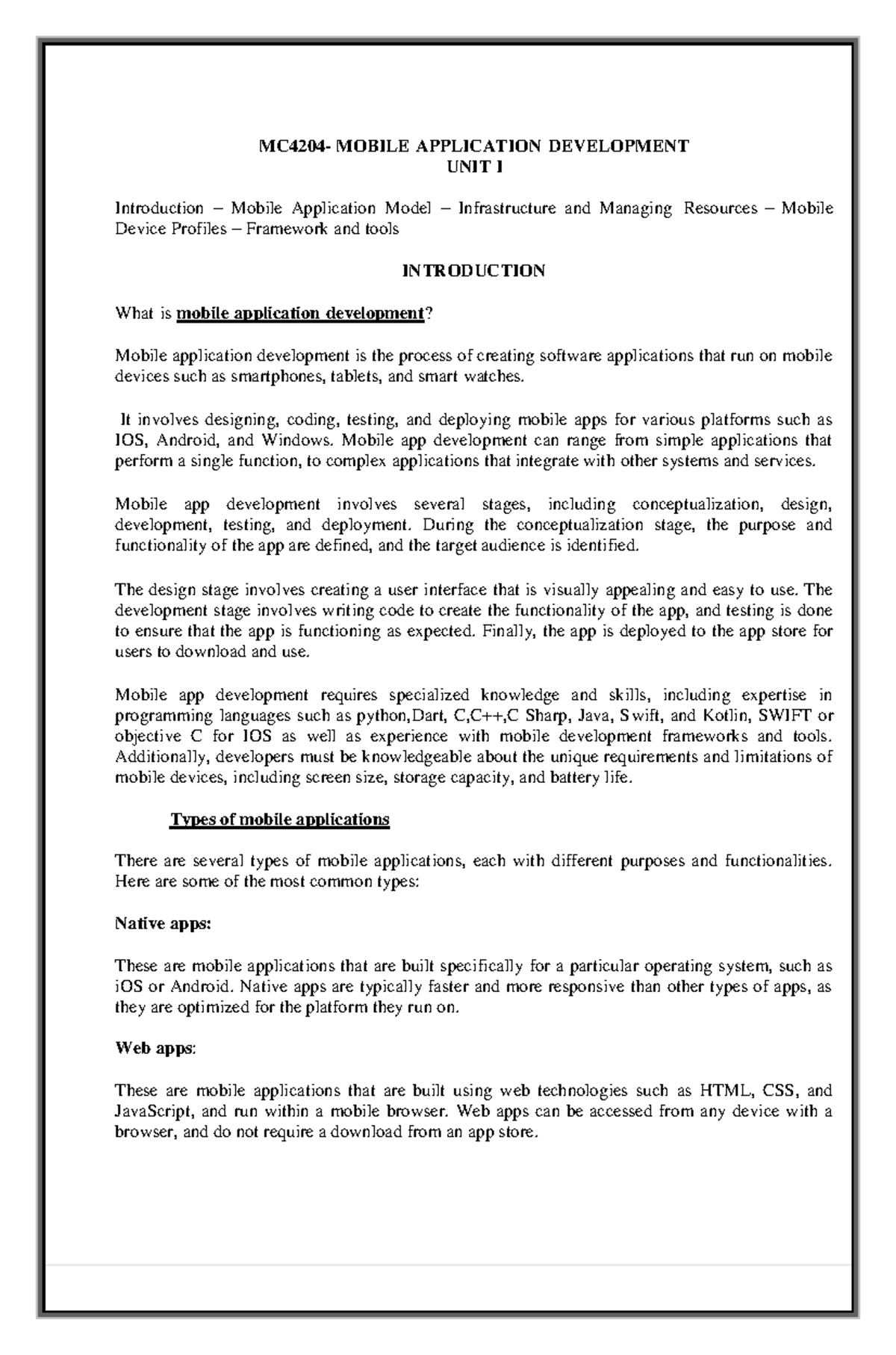 MAD (1-5) - MAD - MC4204- MOBILE APPLICATION DEVELOPMENT UNIT I Introduction – Mobile ...