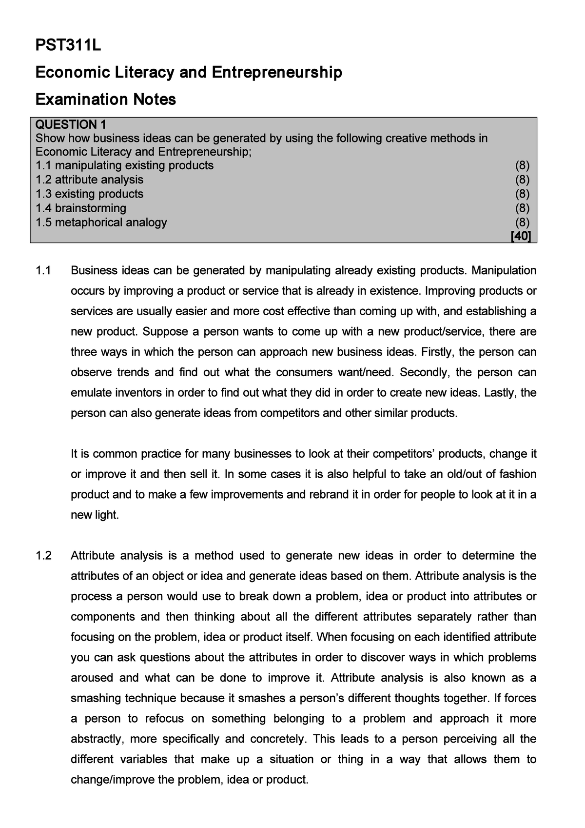 Ote Exam past paper - PST311L Economic Literacy and Entrepreneurship ...