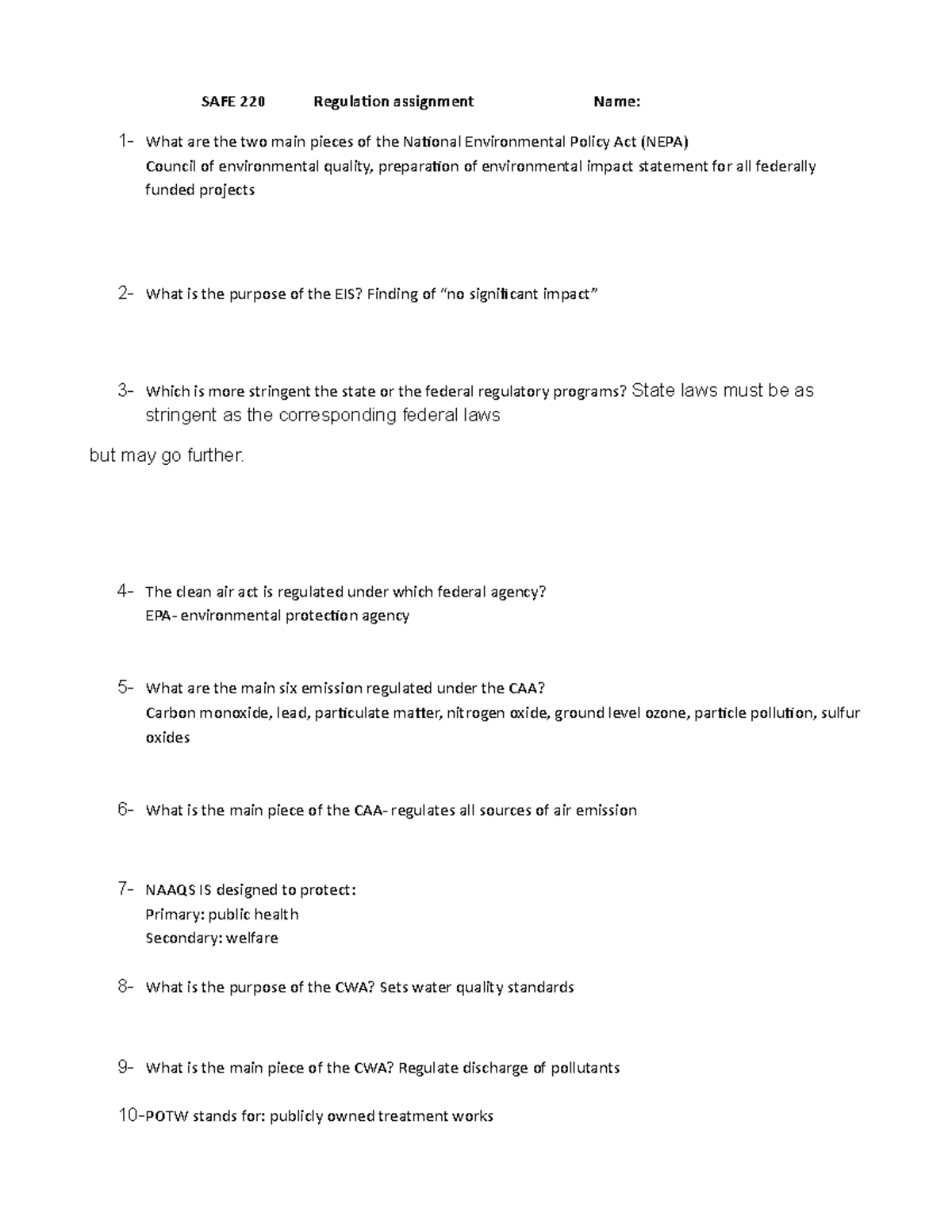 Regulations review questions - SAFE 220 Regulation assignment Name: 1 ...