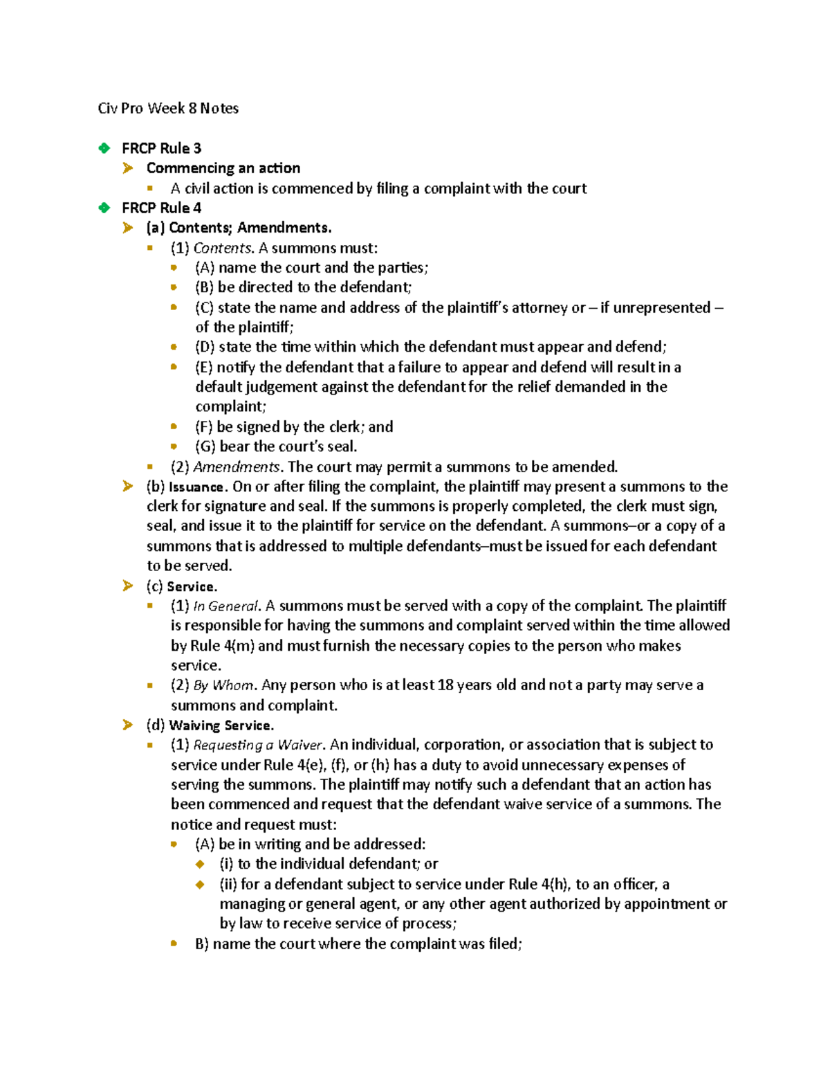 Civ Pro Week 8 Notes - Civ Pro Week 8 Notes FRCP Rule 3 Commencing an ...
