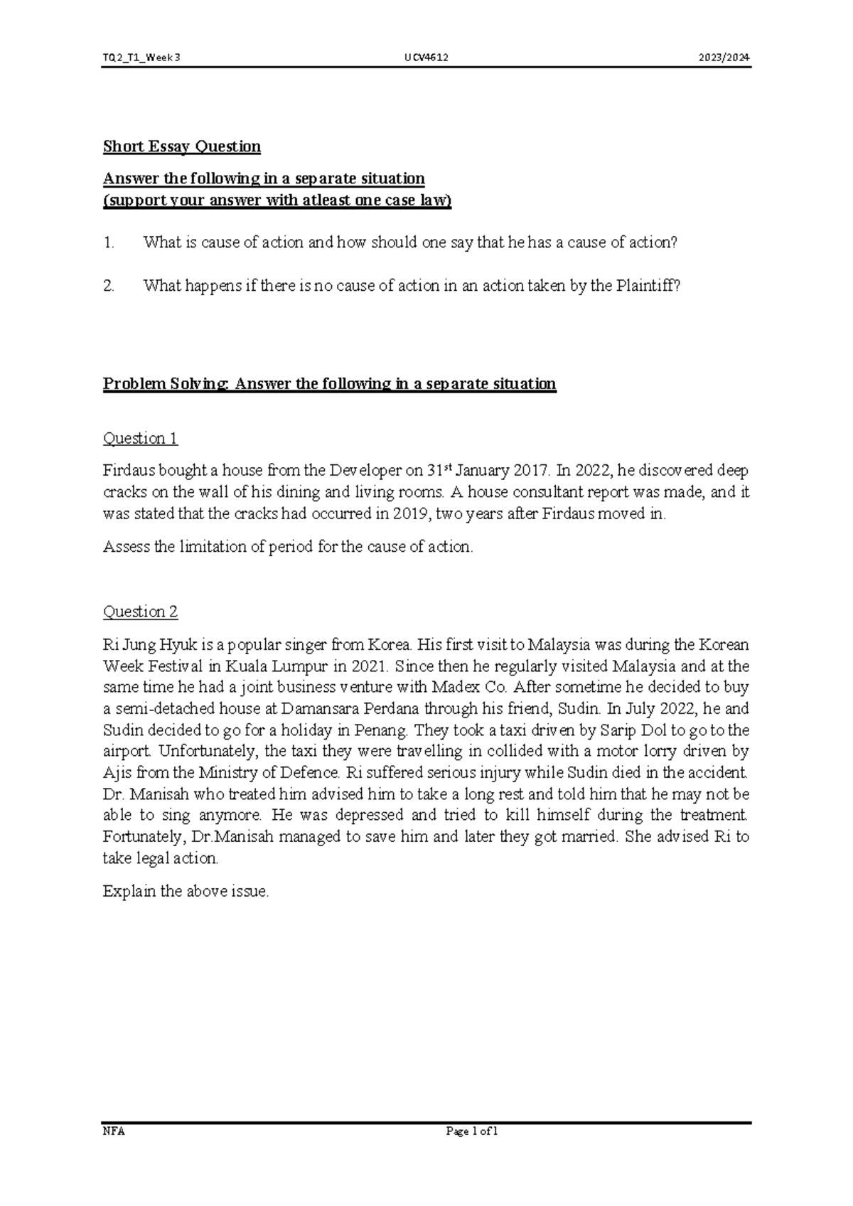 Tutorial 2 question - TQ 2 _T 1 _Week 3 UCV4612 202 3/ NFA Page 1 of 1 Short Essay Question ...