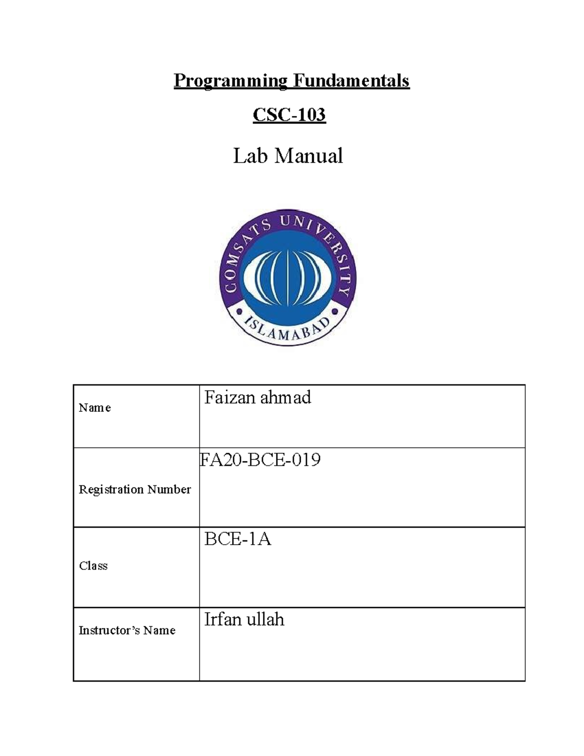 FA20 BCE 019 PF LAB #5 - Programming Fundamentals CSC- Lab Manual Name ...