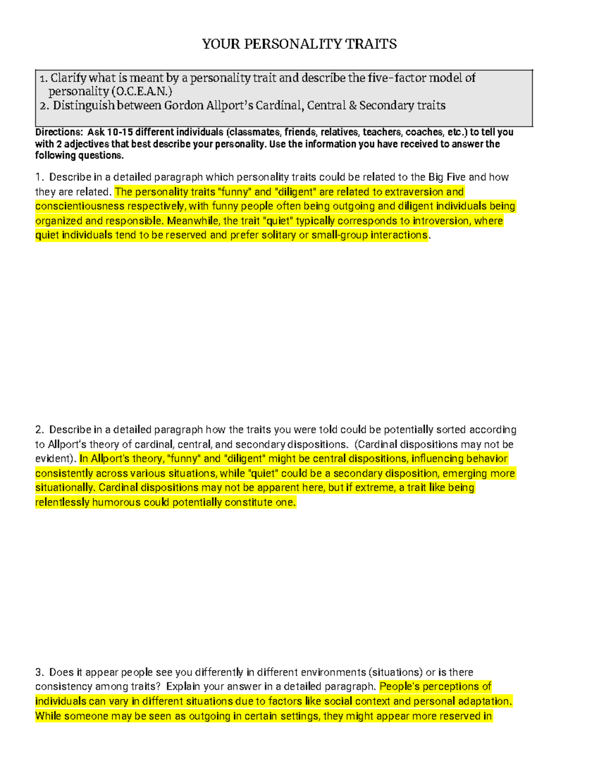 Personality Traits (1) - YOUR PERSONALITY TRAITS 1. Clarify what is ...