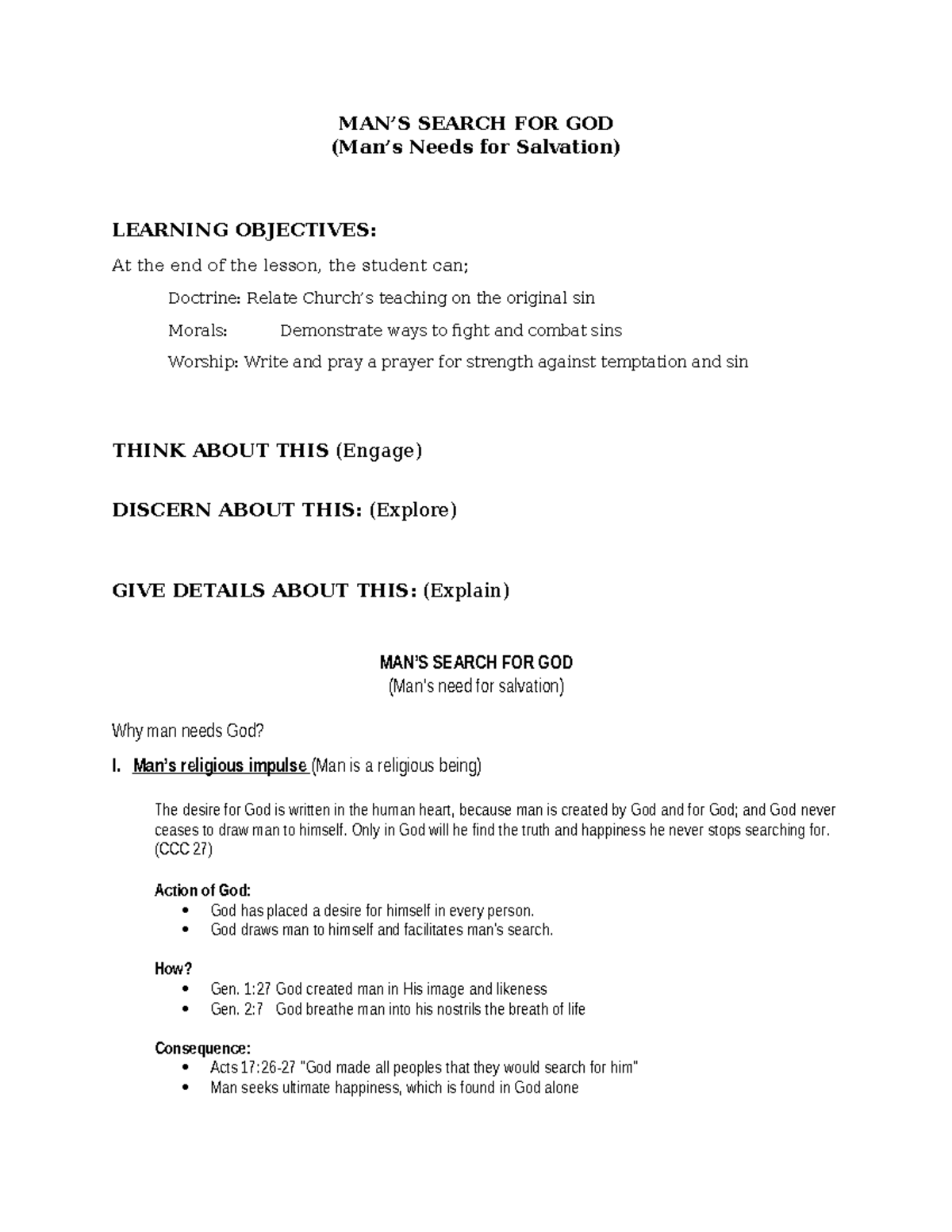 RS 1 Lesson 9 MAN Search FOR GOD - MAN’S SEARCH FOR GOD (Man’s Needs ...