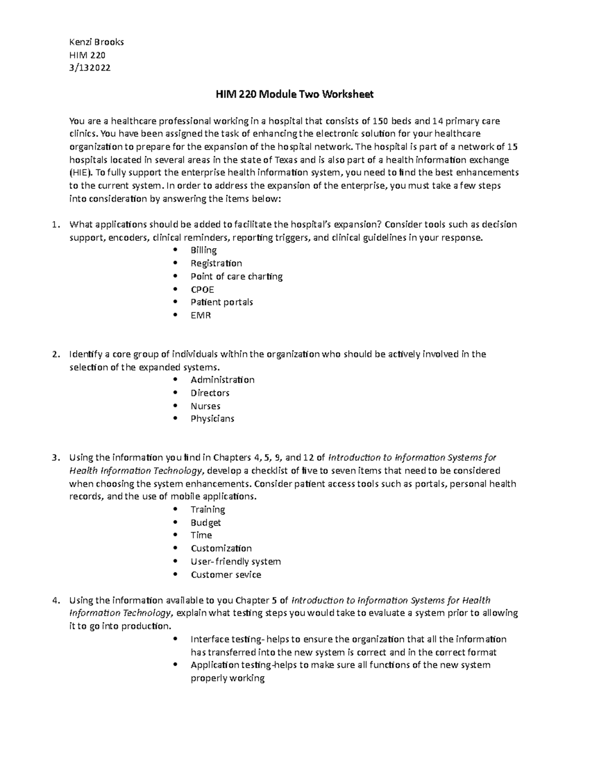 HIM 220 Module Two Worksheet - Kenzi Brooks HIM 220 3/ HIM 220 Module ...