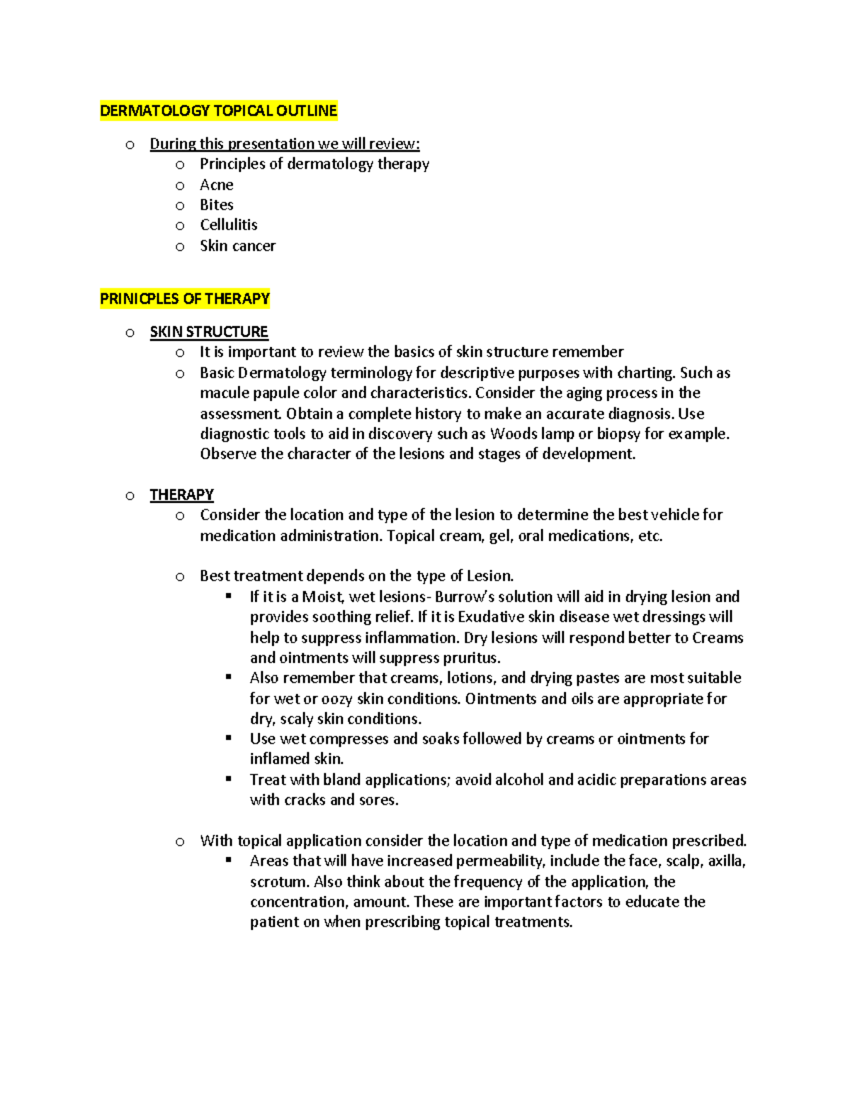 Notes DERM 1 2 Color Combined - DERMATOLOGY TOPICAL OUTLINE o During ...