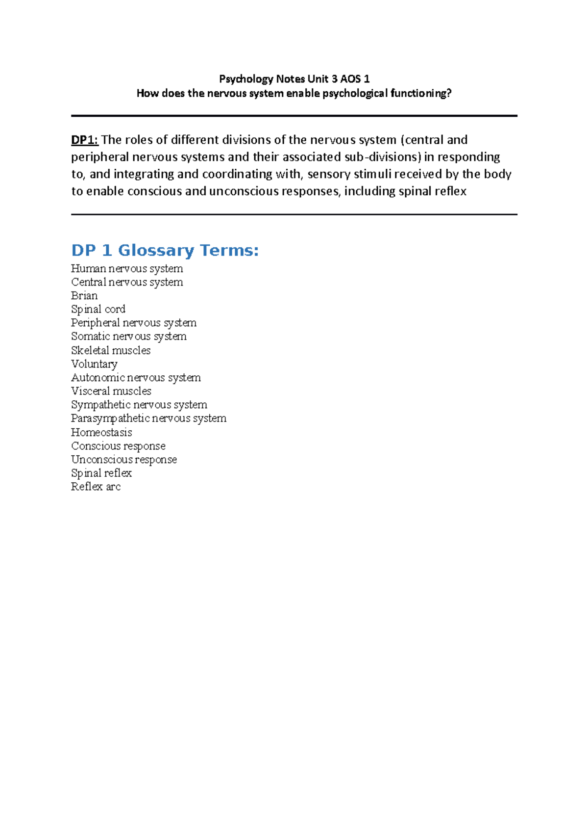 DP 1 Nervous System Overview 2023 - Psychology Notes Unit 3 AOS 1 How ...