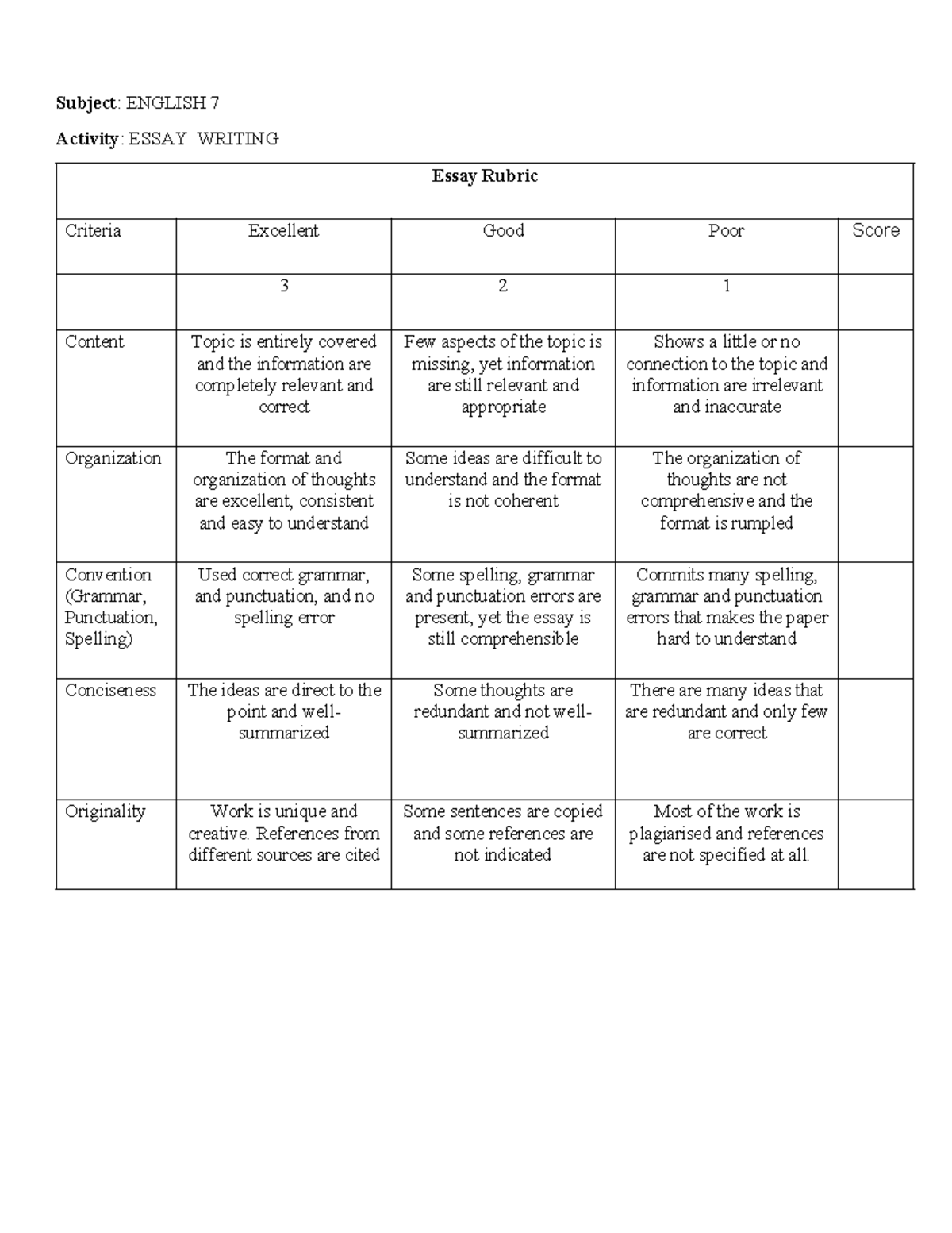 Rubrics - Subject: ENGLISH 7 Activity: ESSAY WRITING Essay Rubric ...