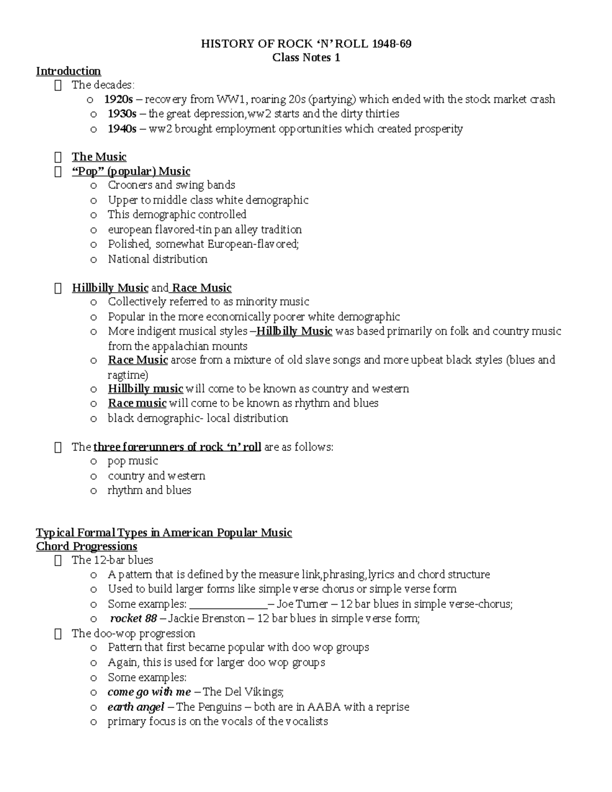 Class Notes - Set 1 - Josh D, fill in the blanks - HISTORY OF ROCK ‘N ...