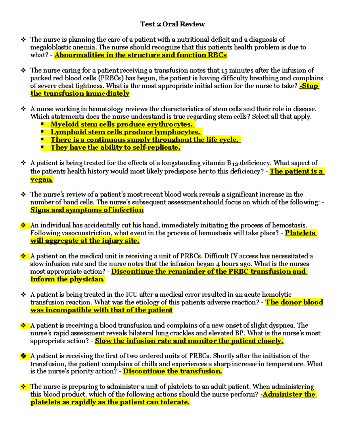 Test 2 Oral Review - Test 2 Oral Review The nurse is planning the care ...