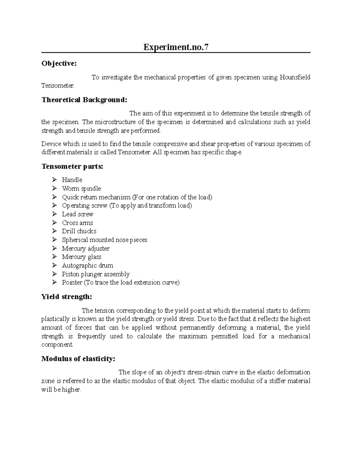 Tensometer - Lab report completed - Experiment. Objective: To ...
