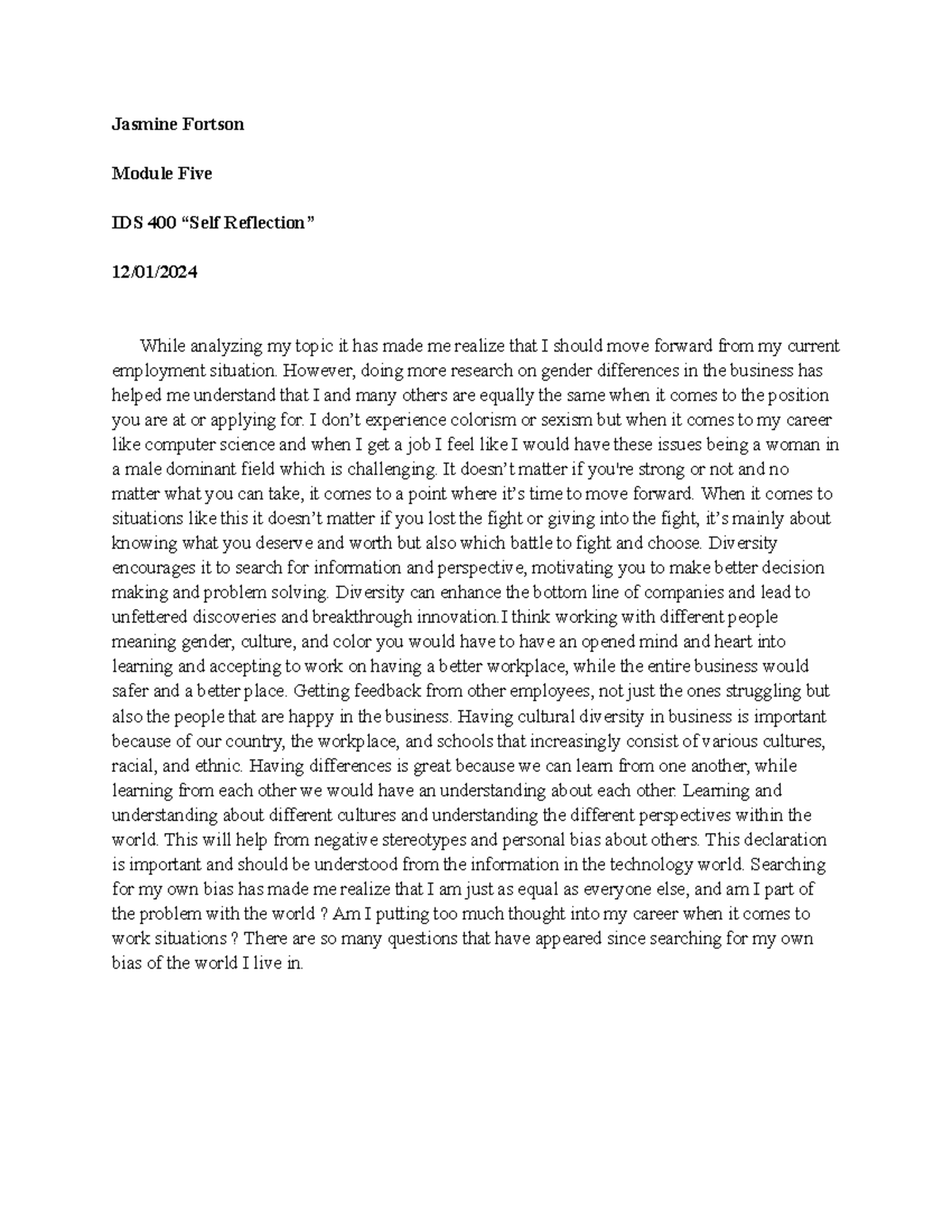 IDS 400 Module 5 - What diversity means to you - Jasmine Fortson Module ...