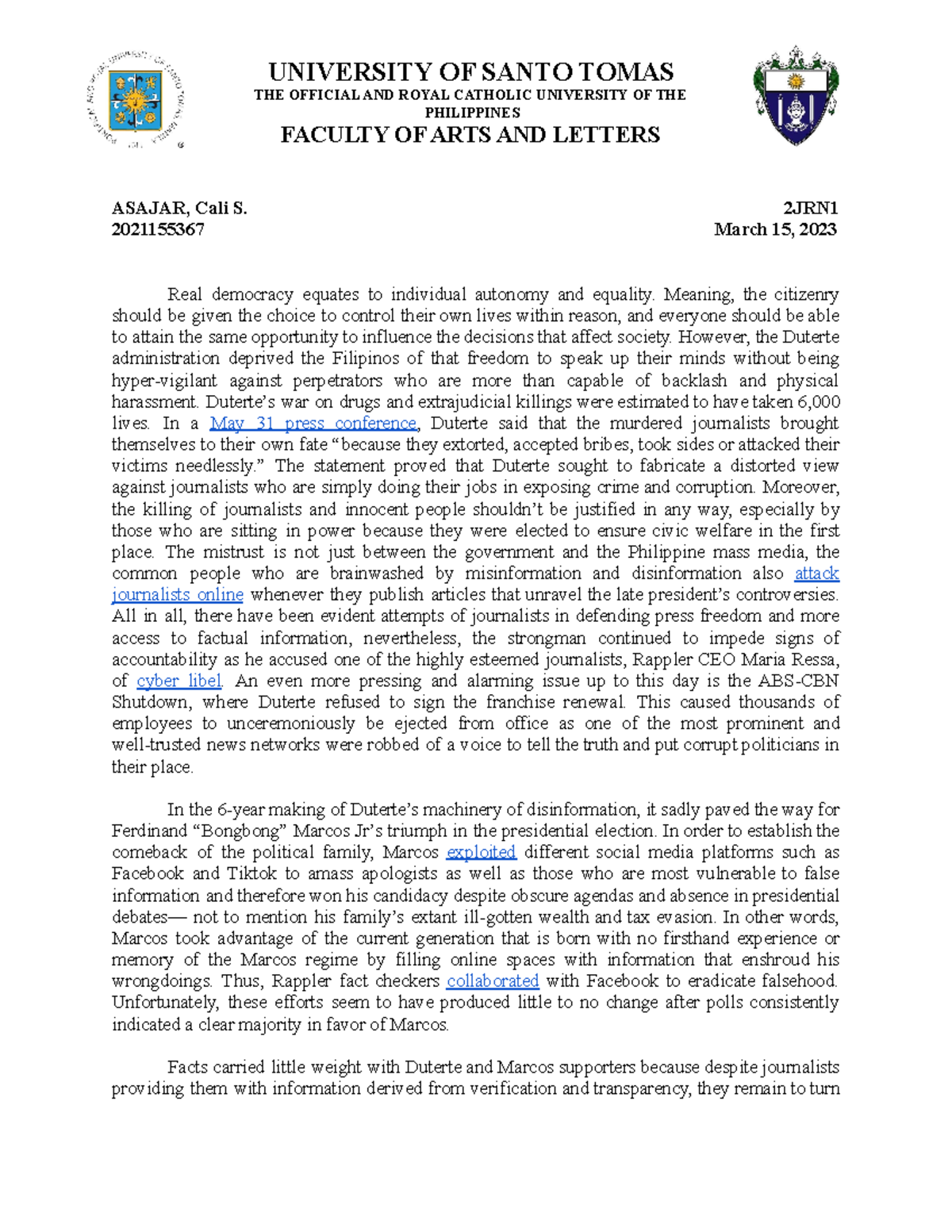 CSA 2JRN2 Prelims Part 1 - UNIVERSITY OF SANTO TOMAS THE OFFICIAL AND ROYAL CATHOLIC UNIVERSITY ...