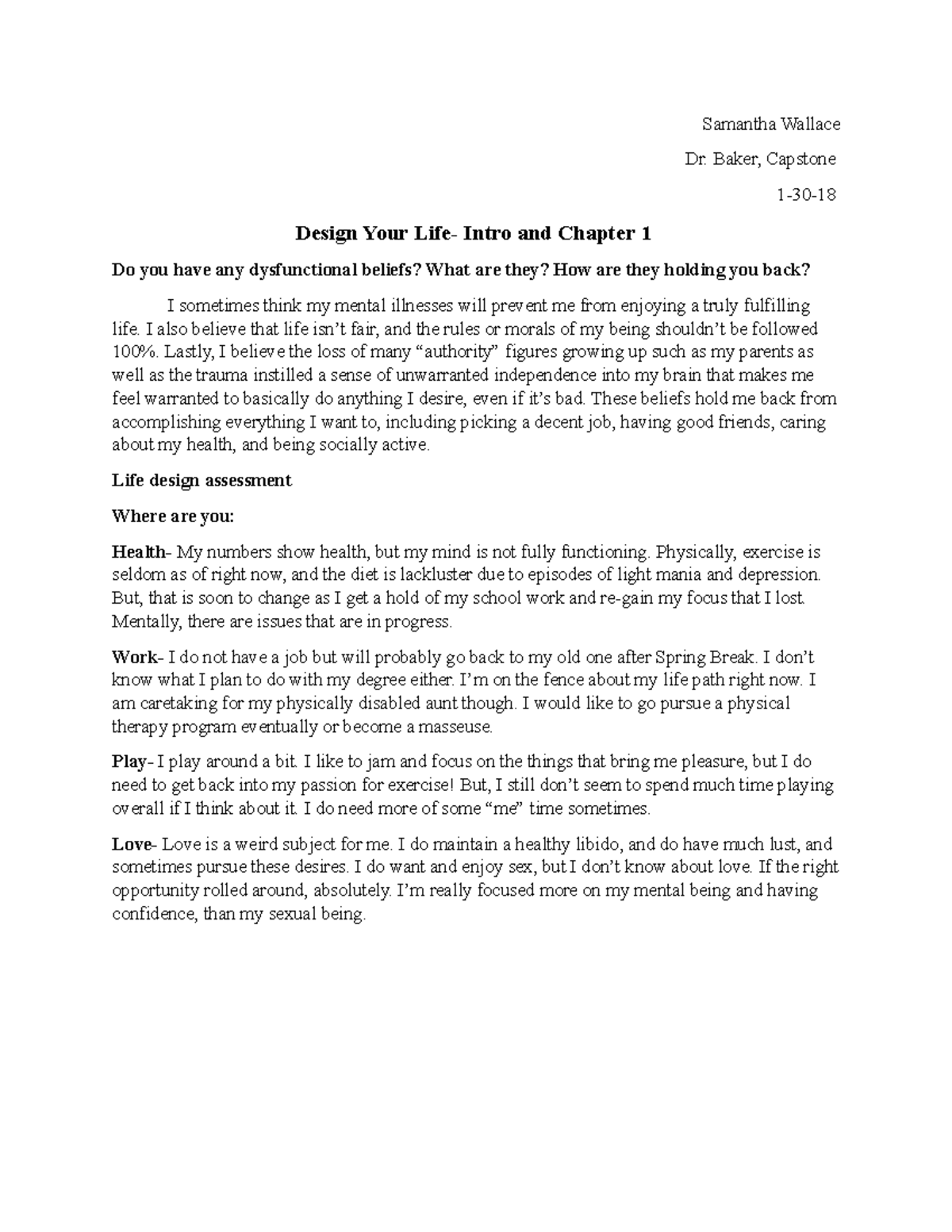 Designing your life chapter 1 and intro - Samantha Wallace Dr. Baker ...
