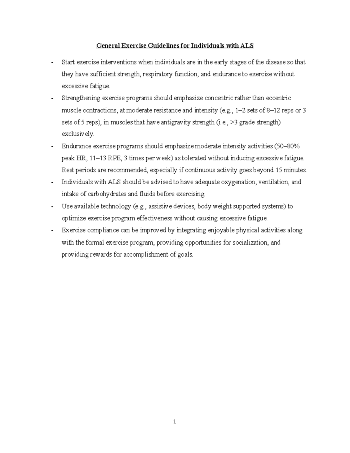 ALS and Huntington s Disease - General Exercise Guidelines for ...