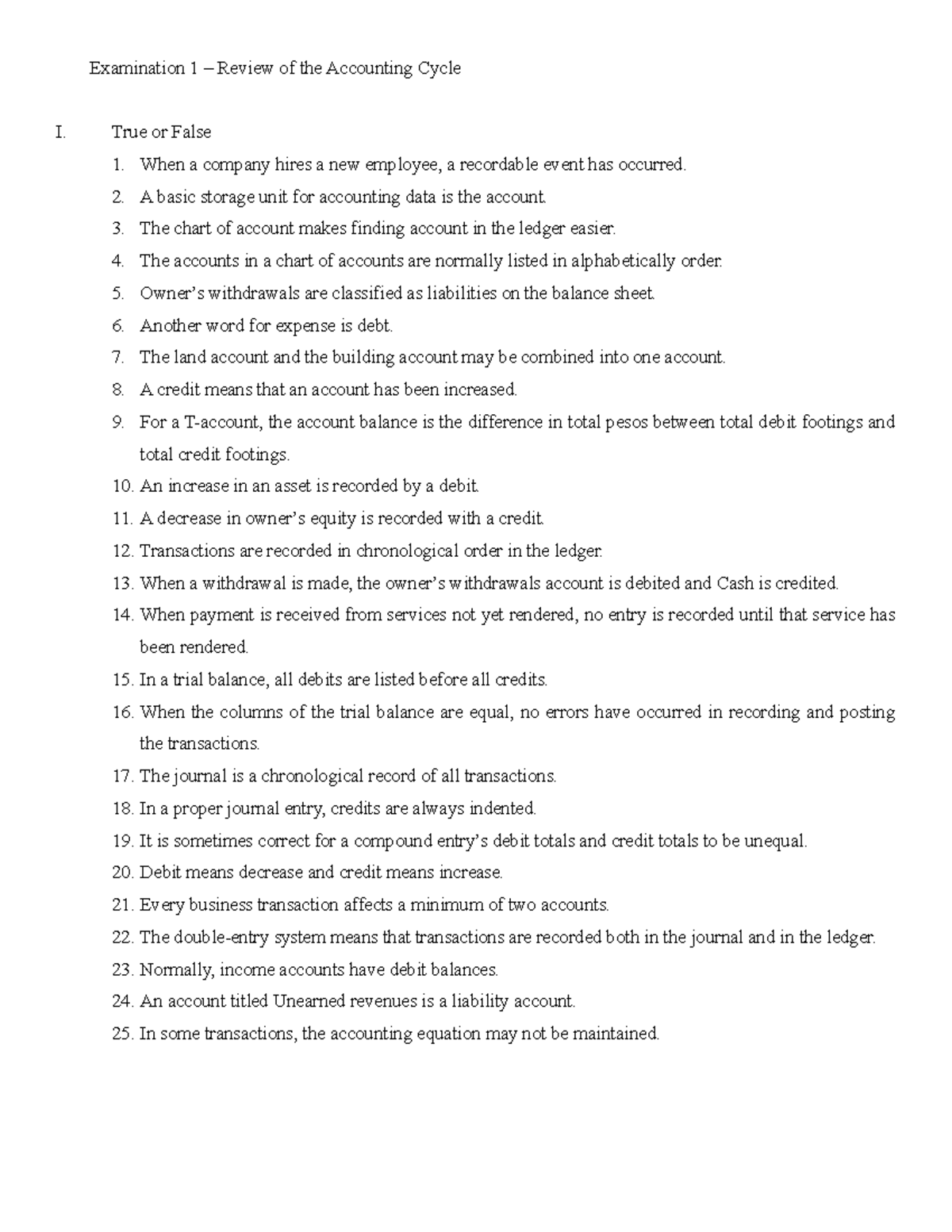 Review of the Accounting Cycle | True or False - Examination 1 – Review ...