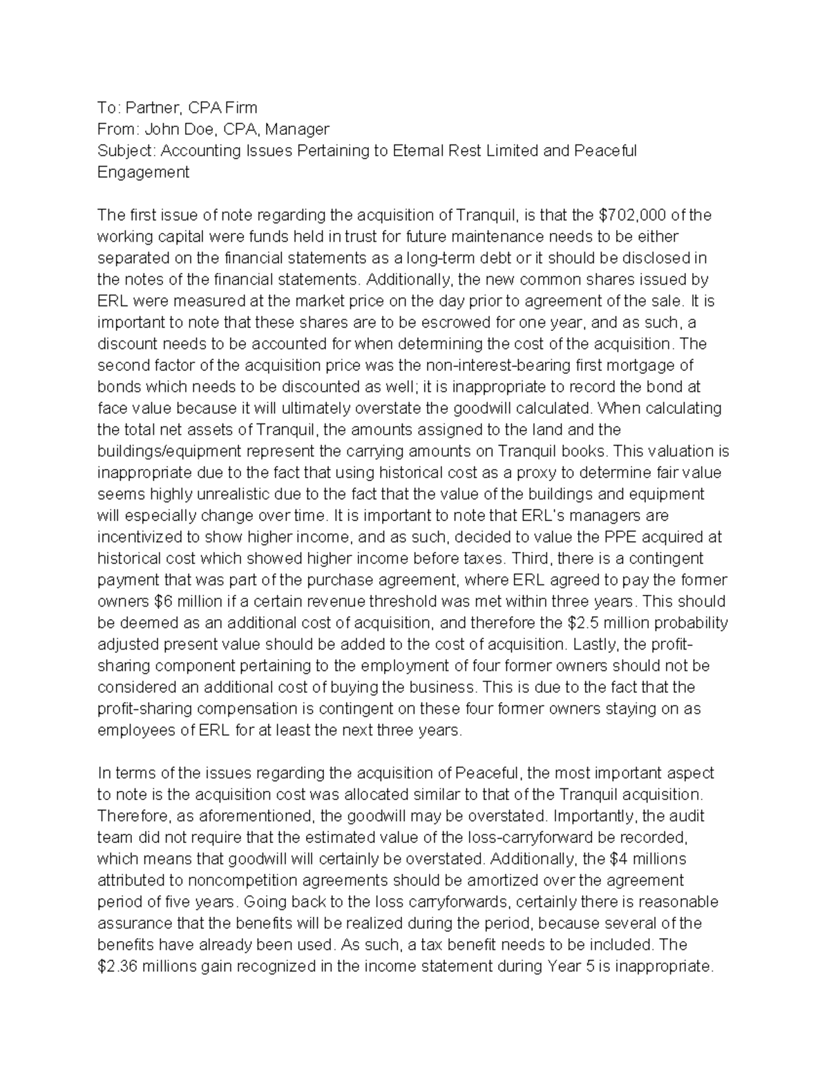 AFA 716 Chapter 4 Case 5 - To: Partner, CPA Firm From: John Doe, CPA ...