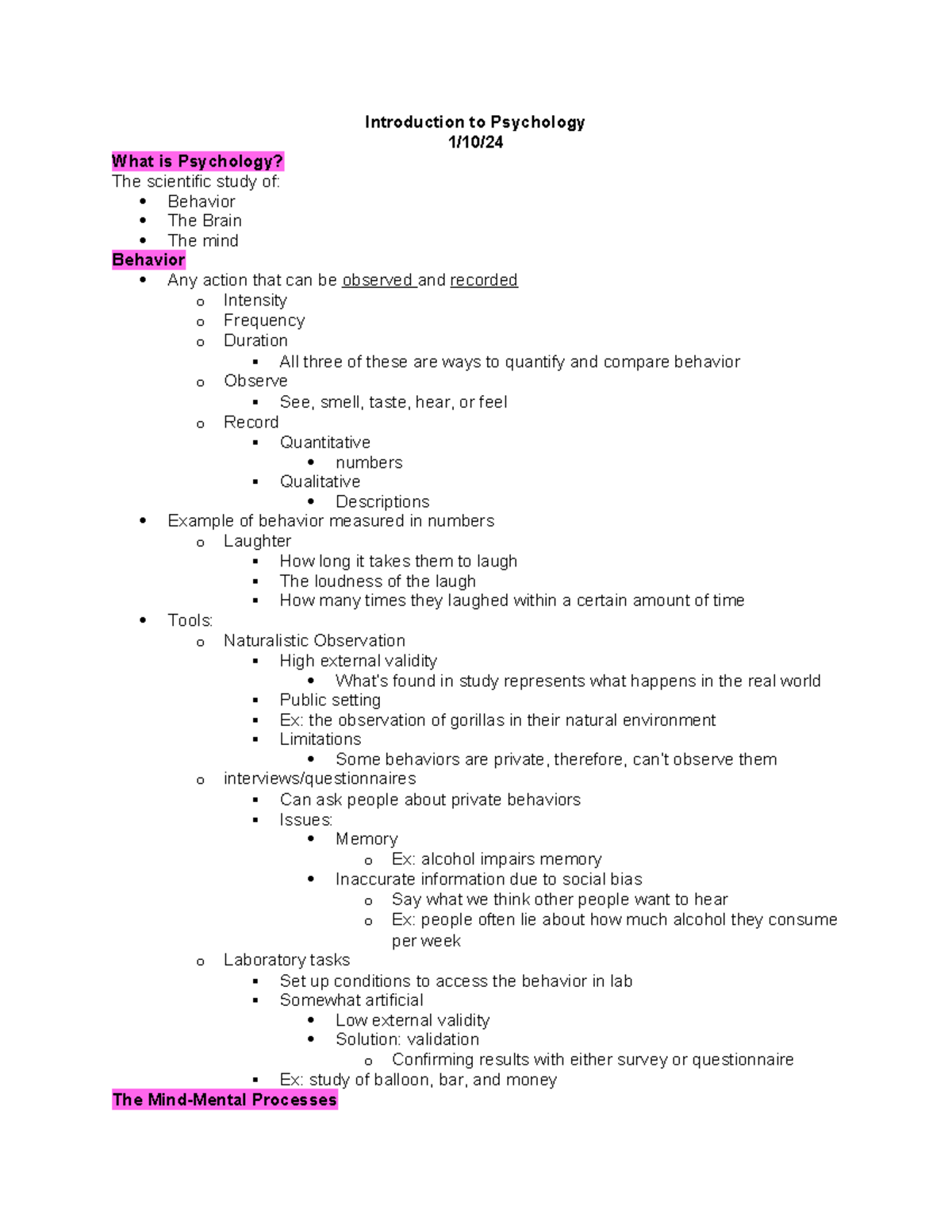 PSYC 2010 Exam 1 Notes - Introduction to Psychology 1/10/ What is ...